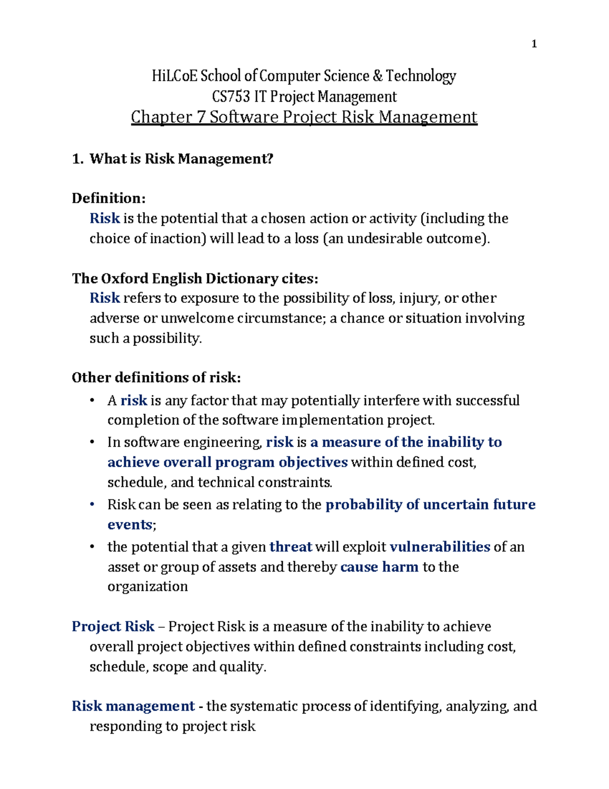 Slide 7 risk management-16Apr12 - HiLCoE School of Computer Science ...
