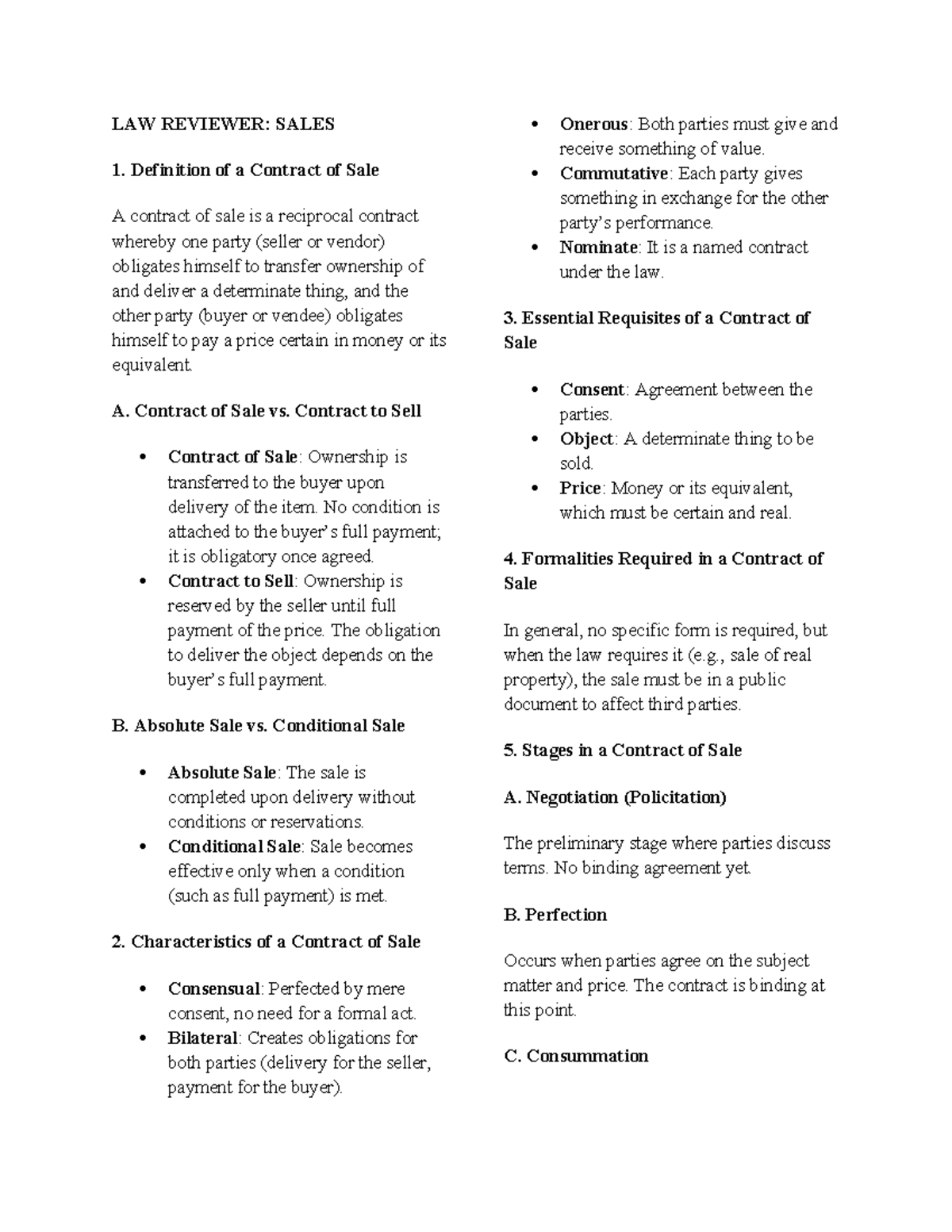 LAW-ON- Sales - Notes - LAW REVIEWER: SALES Definition of a Contract of ...