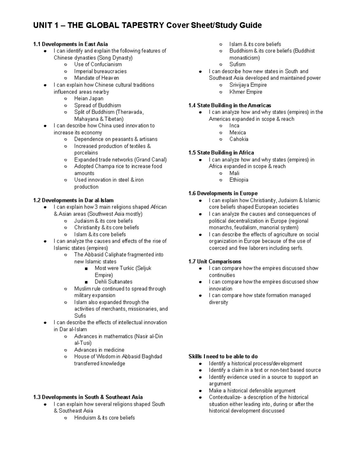 U1 Cover Sheet & Study Guide - UNIT 1 – THE GLOBAL TAPESTRY Cover Sheet ...