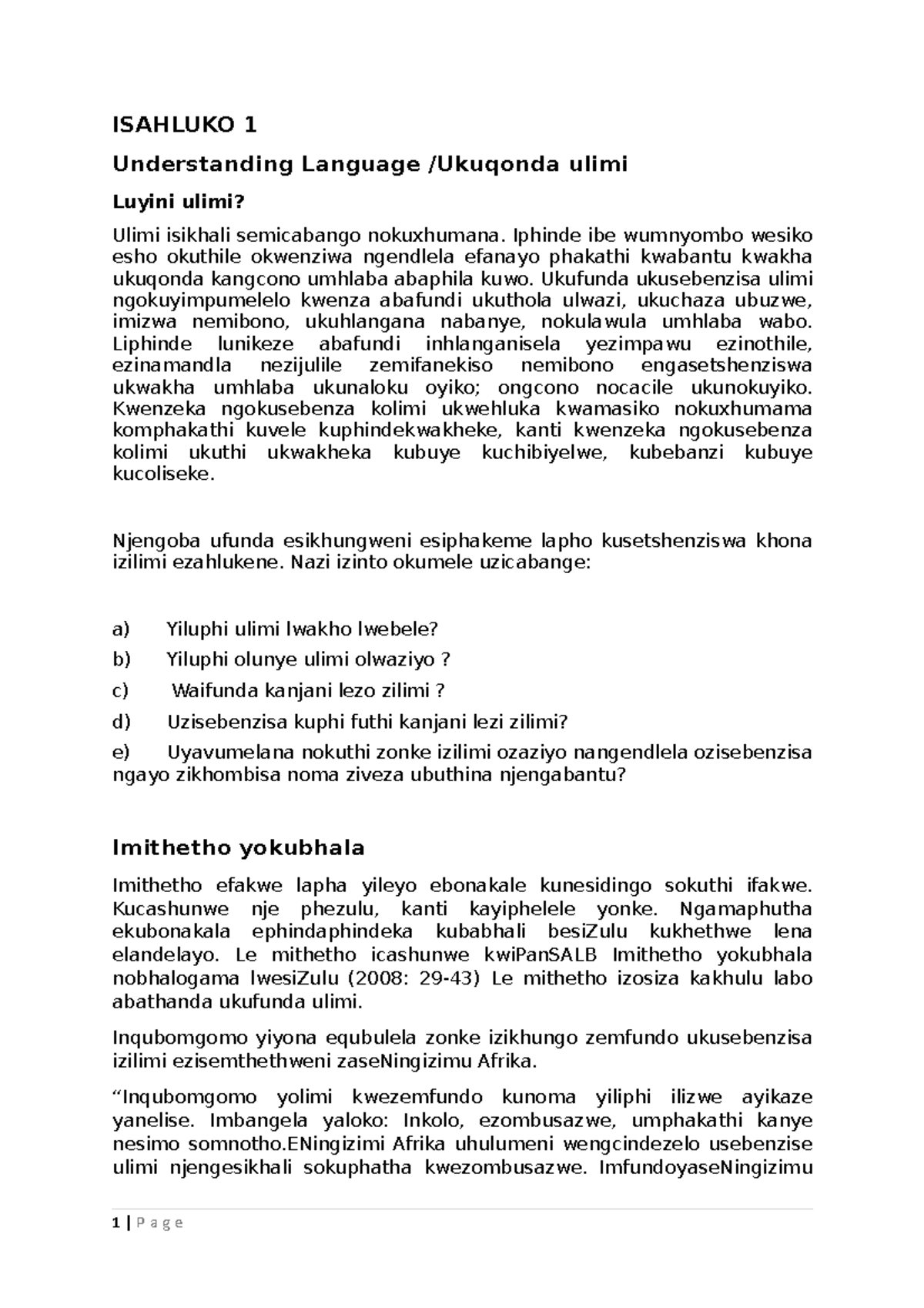 Isahluko 1 - Lecture notes 1 - ISAHLUKO 1 Understanding Language ...