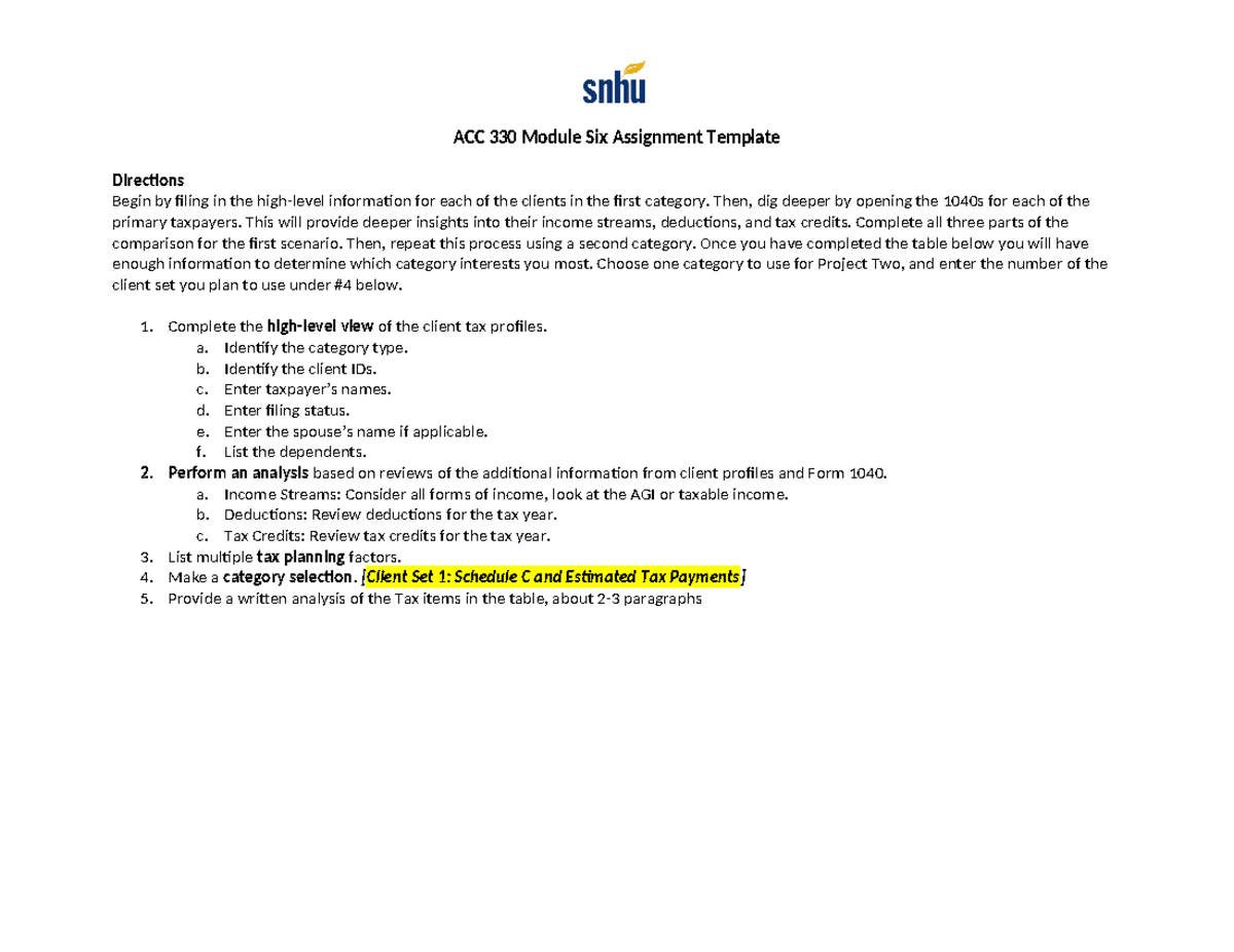 ACC 330 Module Six Assignment - Then, dig deeper by opening the 1040s ...