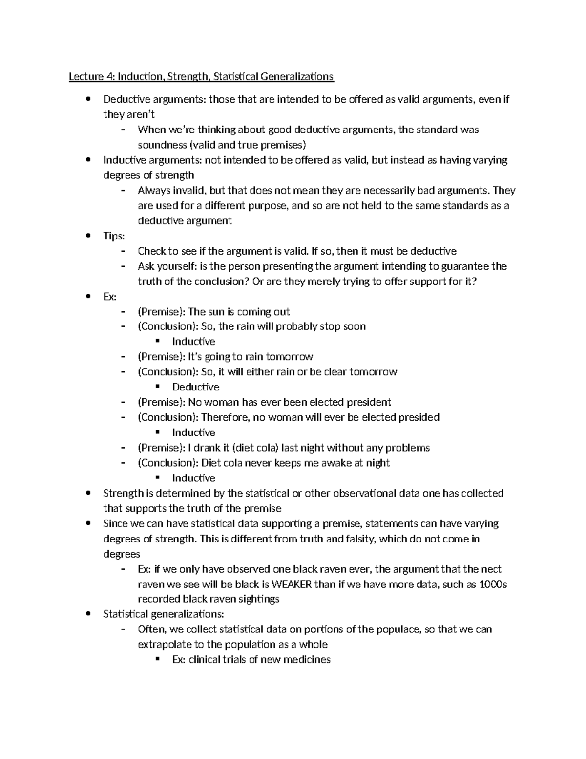 Intro To Logic Notes Lecture 4 Induction Strength Statistical Generalizations Deductive