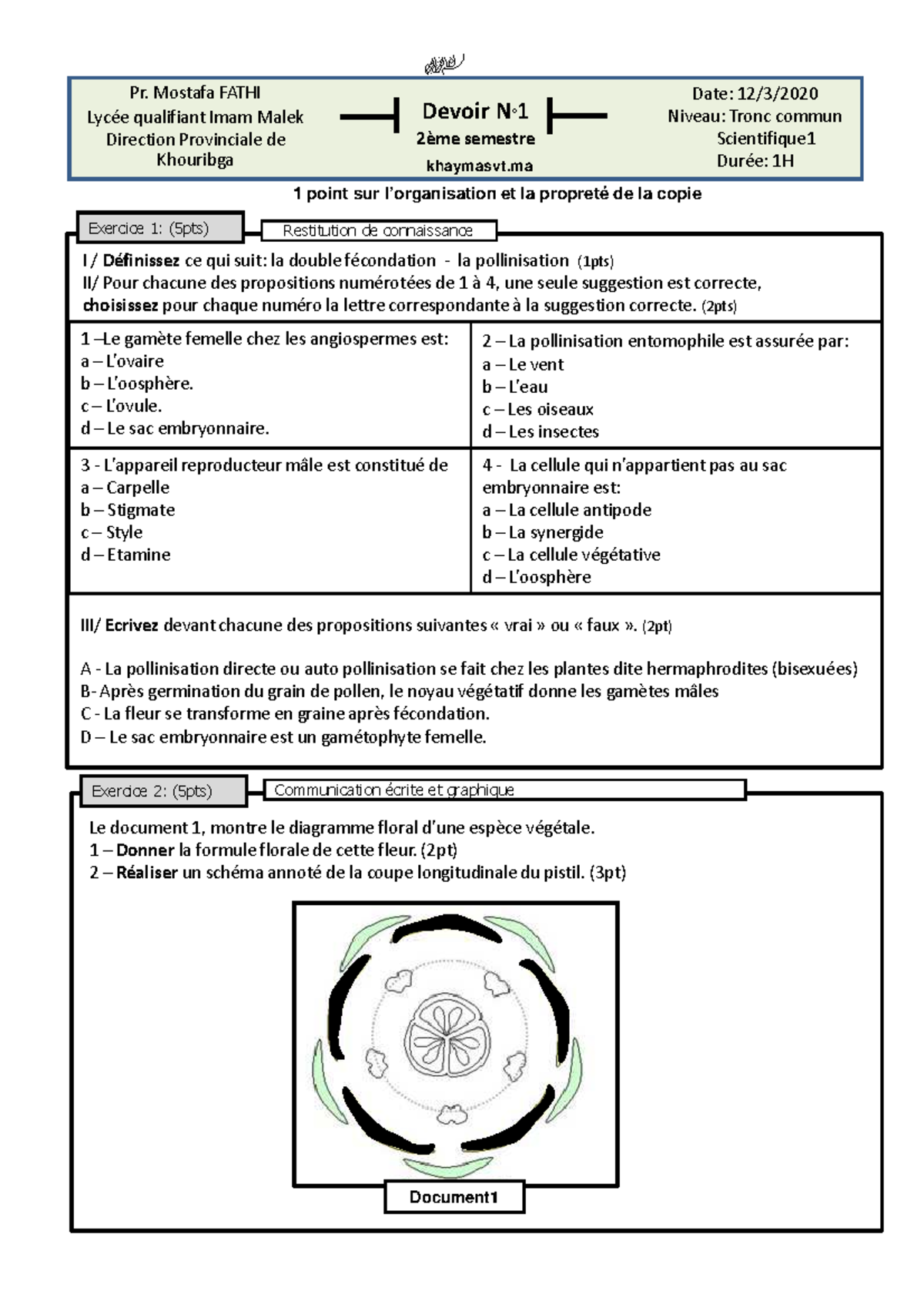 Devoir 3TCF - 1 –Le gamète femelle chez les angiospermes est: a – L ...