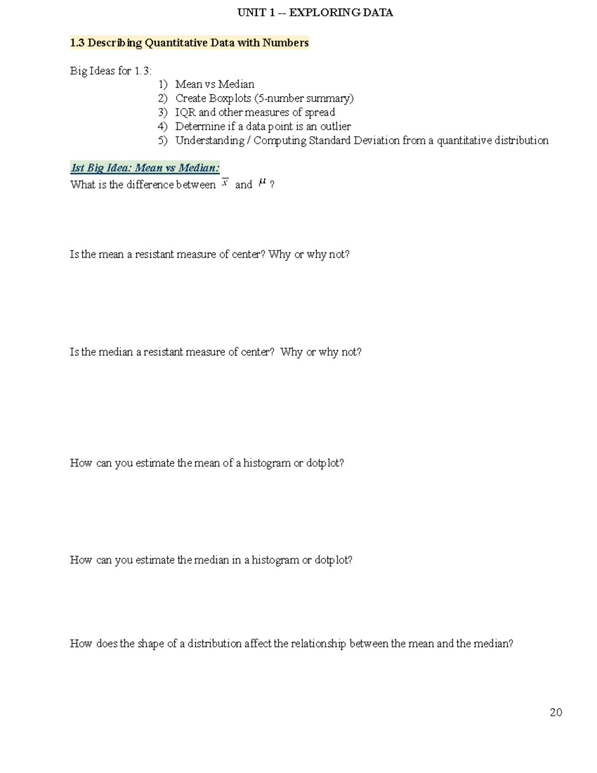 1.3 - Mean Median, IQR, Outliers, Box Plots - 1 Describing Quantitative ...