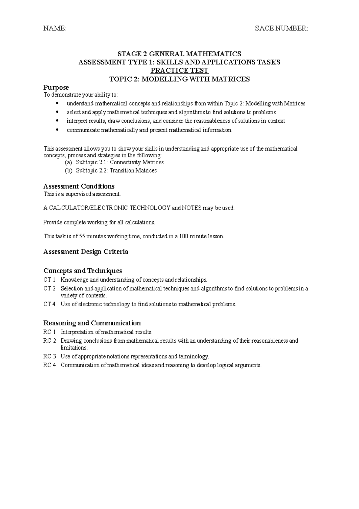 General Maths Matrices - NAME: SACE NUMBER: STAGE 2 GENERAL MATHEMATICS ...