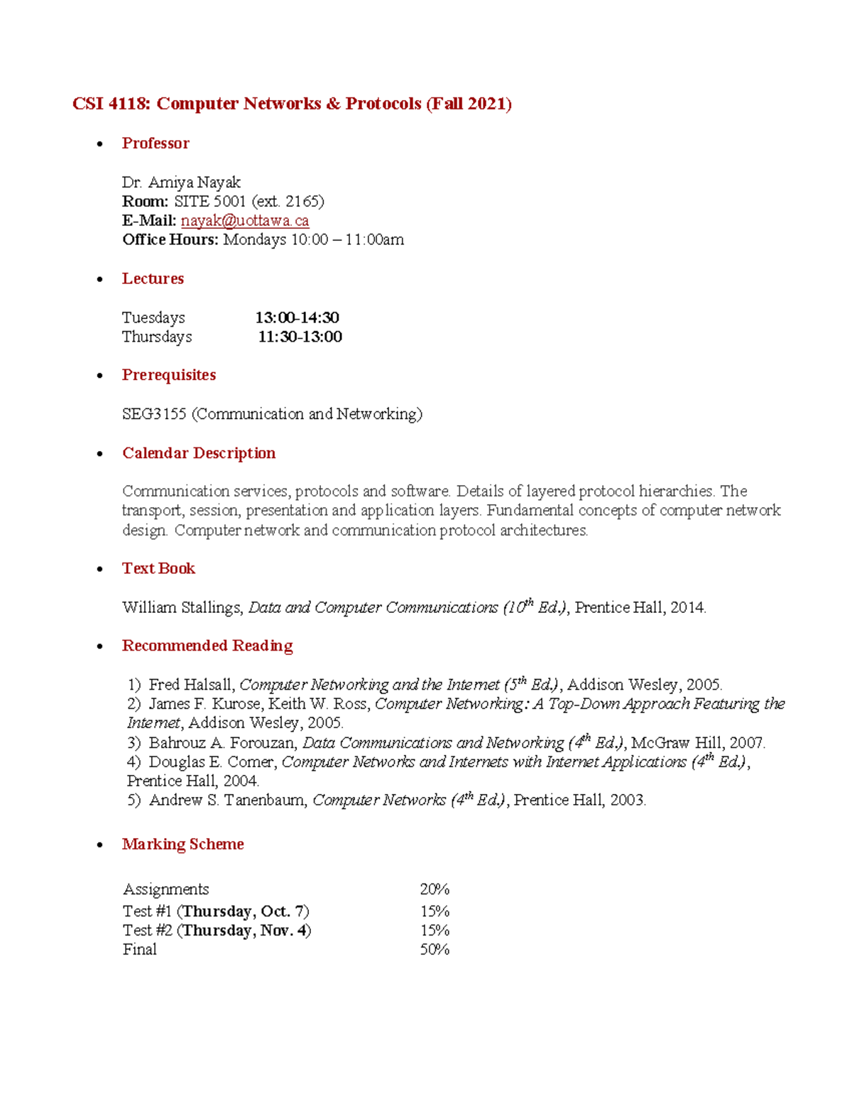 Course outline for Computer Network Protocols CSI4118 2021 Fall - CSI ...