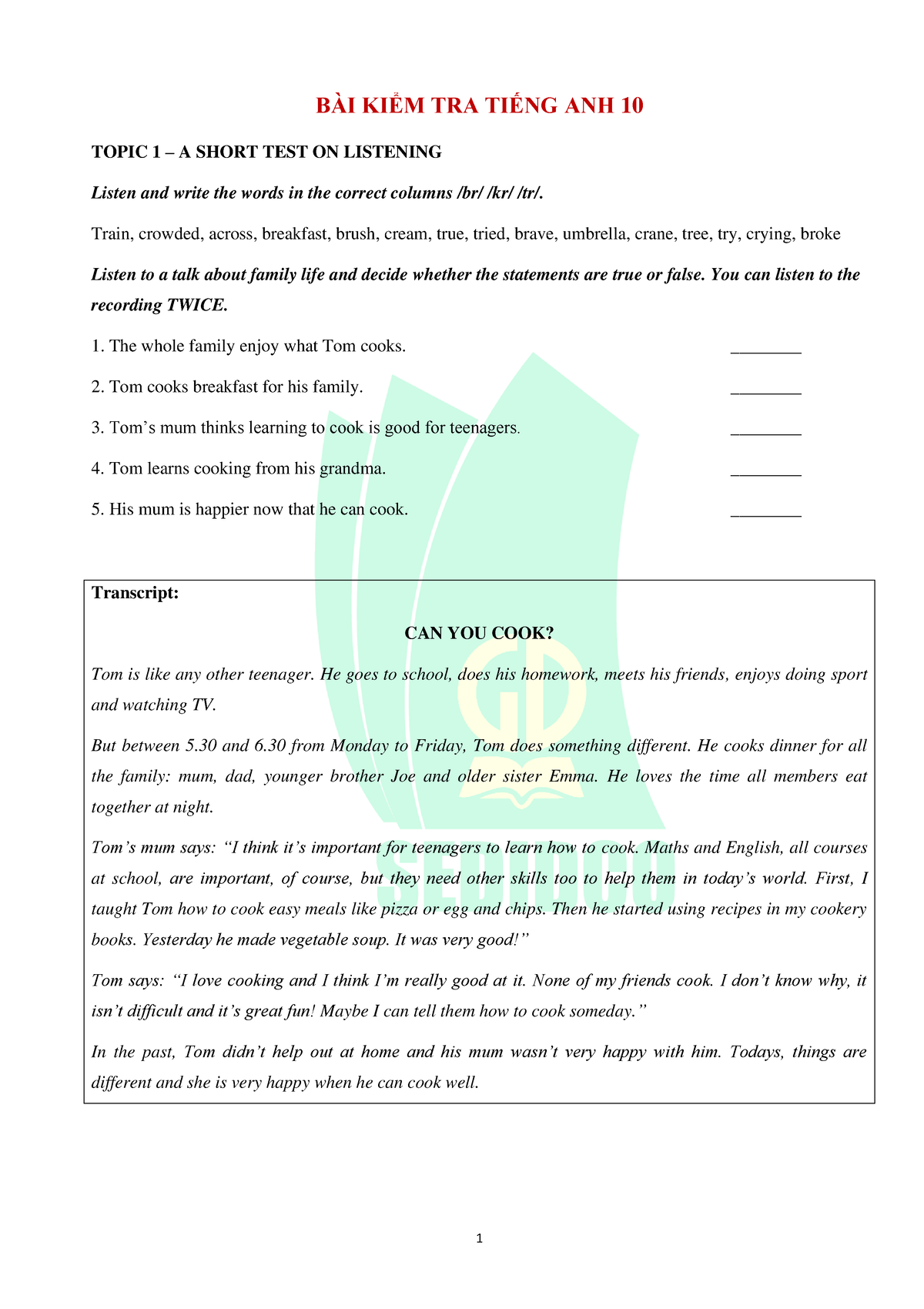 Listening Scripts - Bài kiểm tra Tiếng Anh lớp 10 - BÀI KIỂM TRA TIẾNG ...