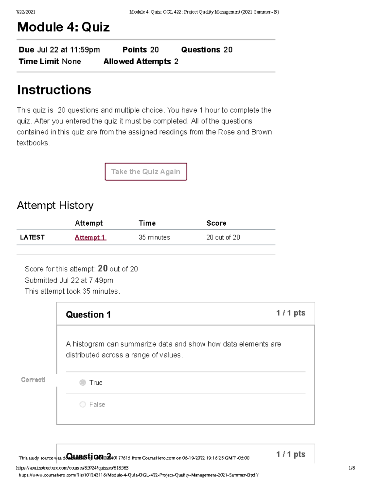 Module 4 Quiz OGL 422 Project Quality Management 2021 Summer B - - Studocu
