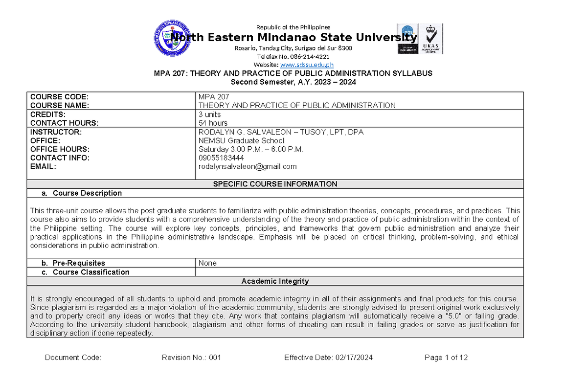 MPA 207 Syllabus-in-Theory and Practice in Public Administration - North Eastern Mindanao State ...
