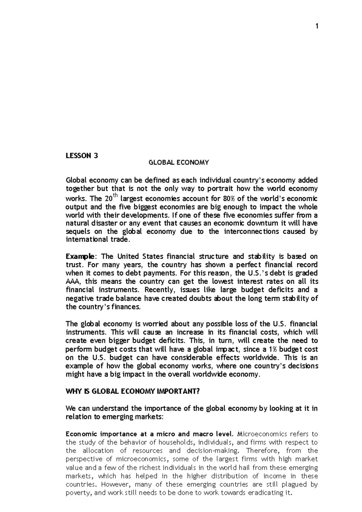 Module Lesson 3 - 1 LESSON 3 GLOBAL ECONOMY Global economy can be ...