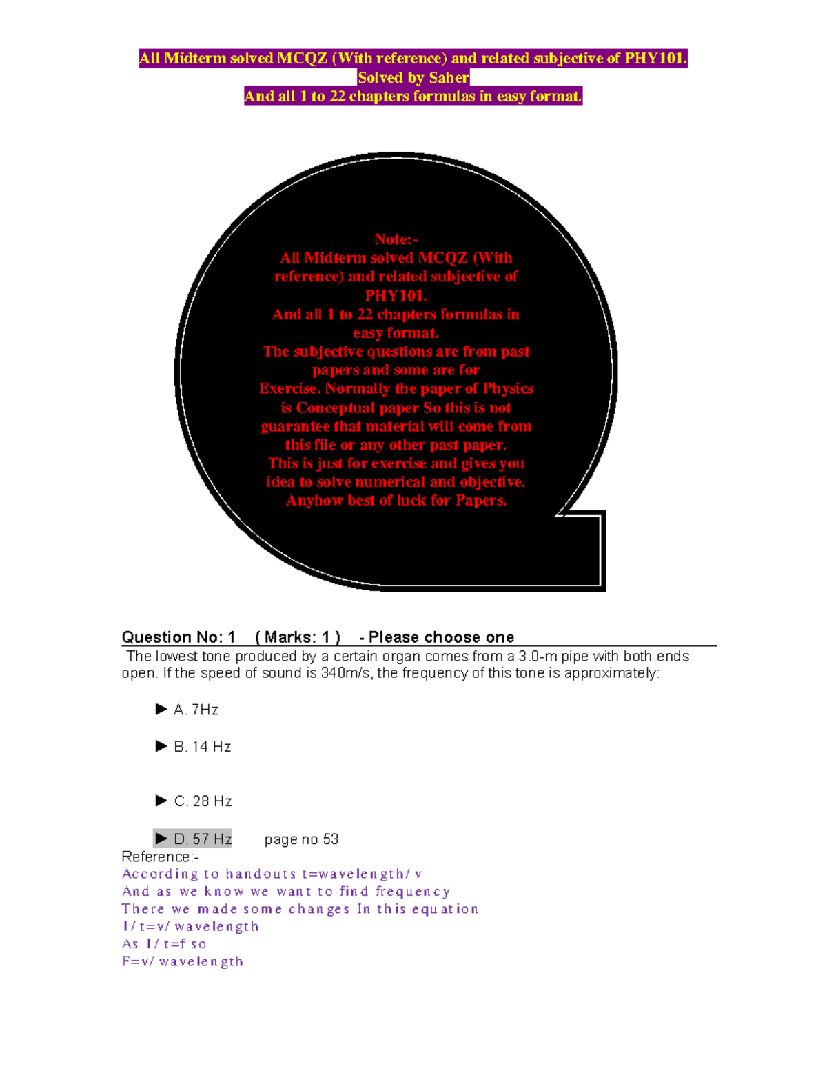 PHY101-Mid Term Forumulas and MCQs download - Solved by Saher And all 1 to 22 chapters formulas ...