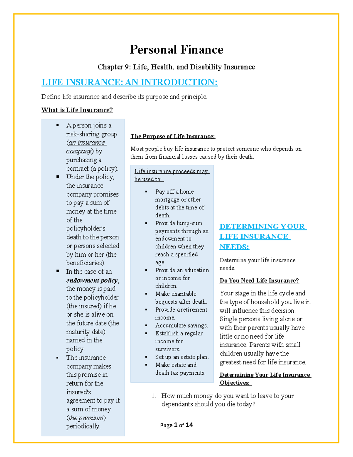 Personal Finance Ch 9 Note - Personal Finance Chapter 9: Life, Health ...
