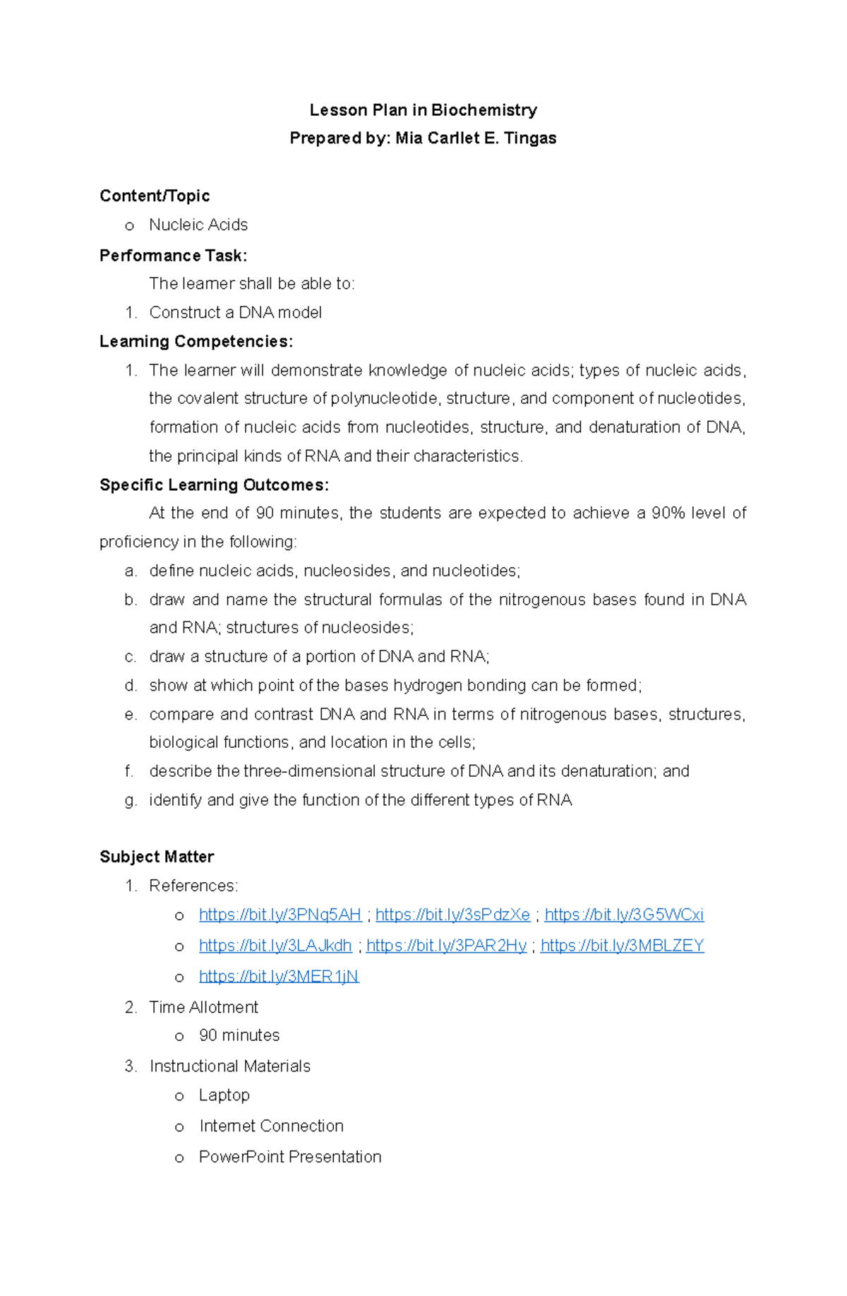 Lesson PLAN IN Biochemistry (Nucleic Acids)-1 - Lesson Plan in ...