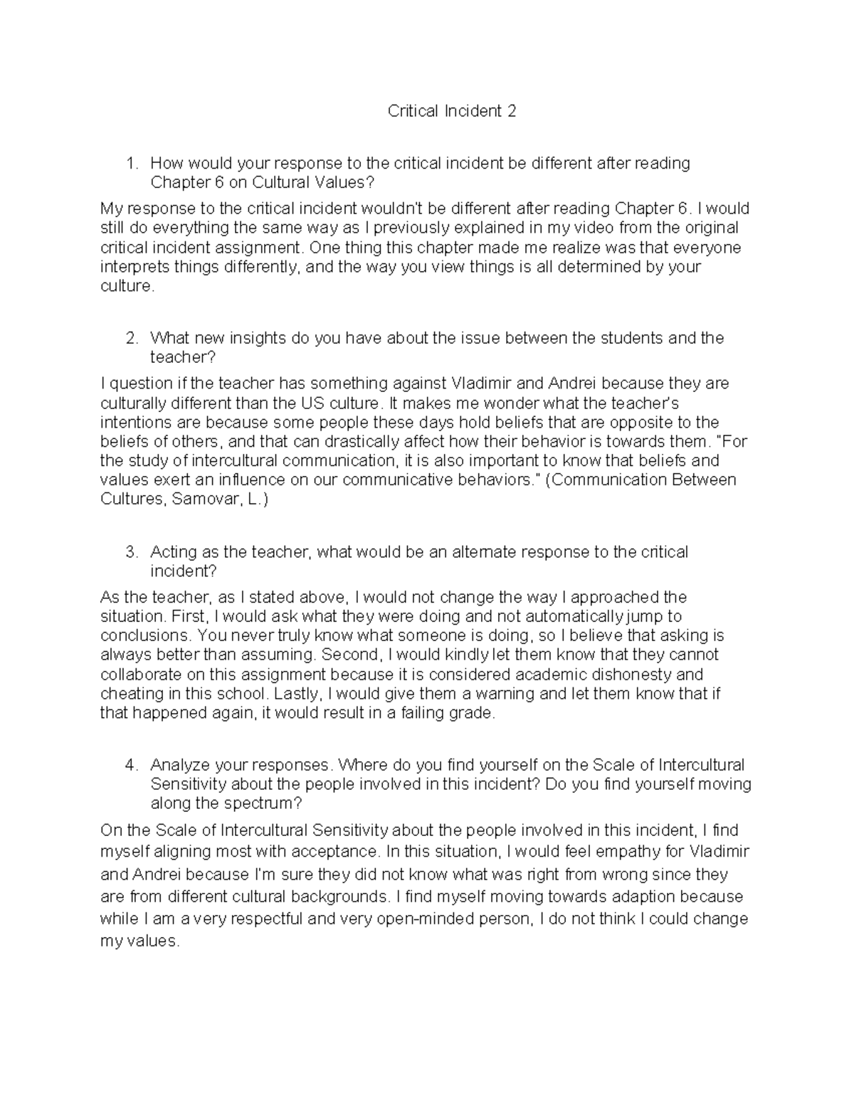 LING 3600 Critical Incident 2 - Critical Incident 2 How would your ...