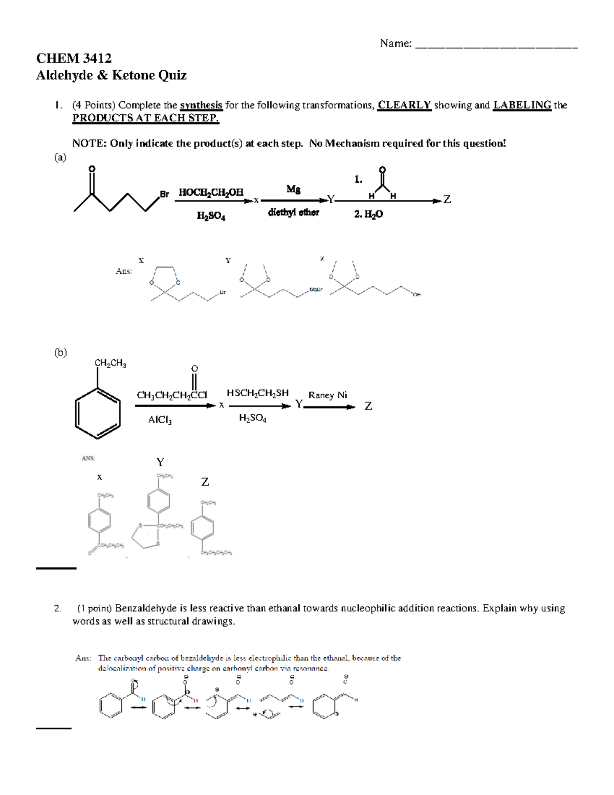 Aldehyde - Ketone Quiz Key - Name: ___________________________ CHEM 3412 Aldehyde & Ketone Quiz ...
