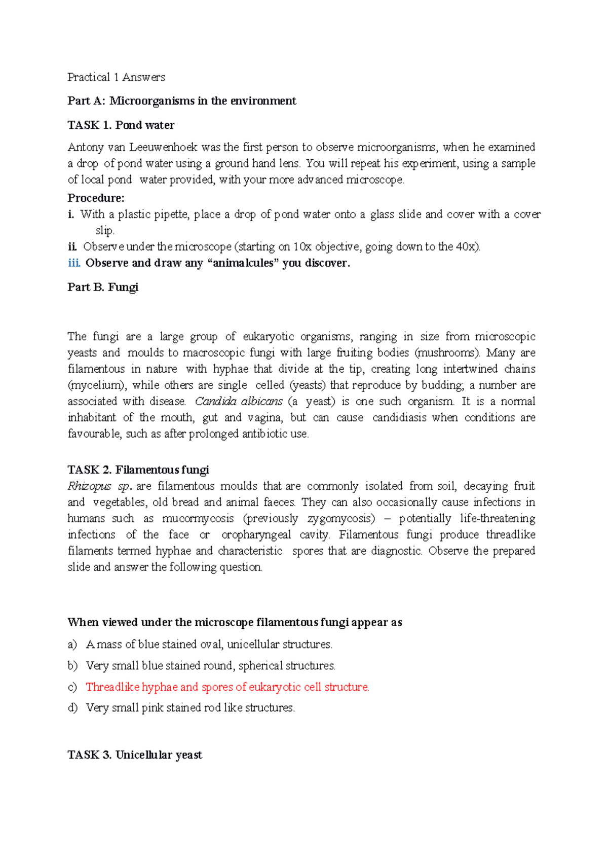 Practical 1 Answers - Practical 1 Answers Part A: Microorganisms in the ...