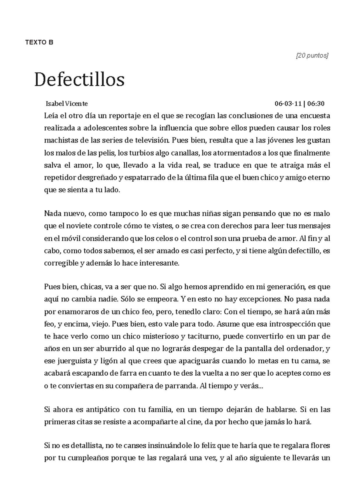 Defectillos prueba 1 - TEXTO B [20 puntos] Defectillos Isabel Vicente ...