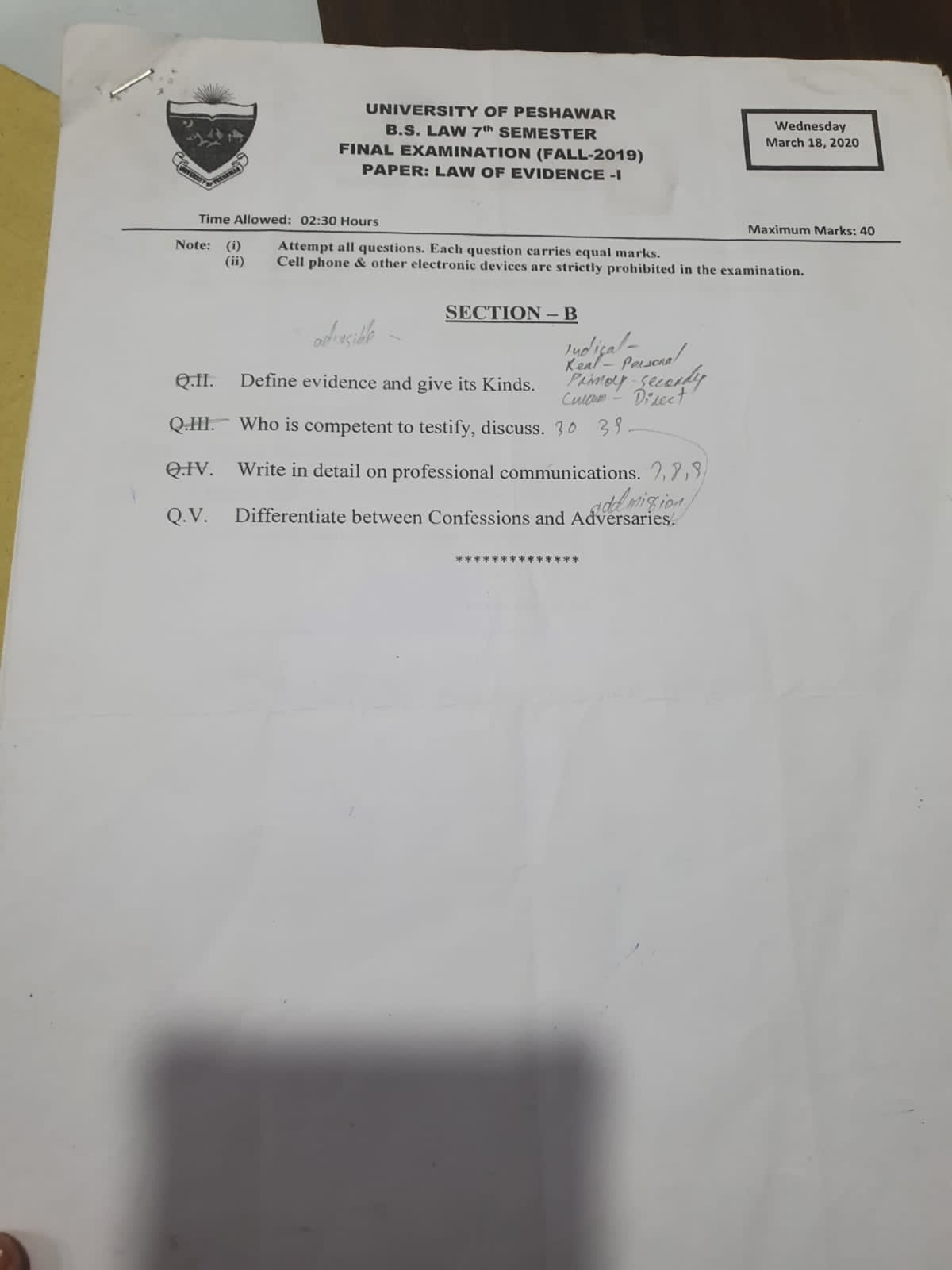 7 semester past papers - fdfdsf - UNIVERSITY OF PESHAWAR Wednesday B ...