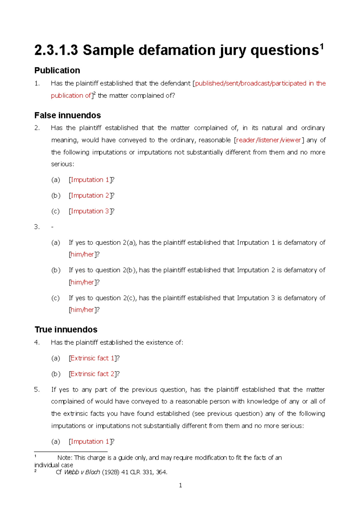 Charge - 2.3.1.3 Sample defamation jury questions - 2.3.1 Sample ...