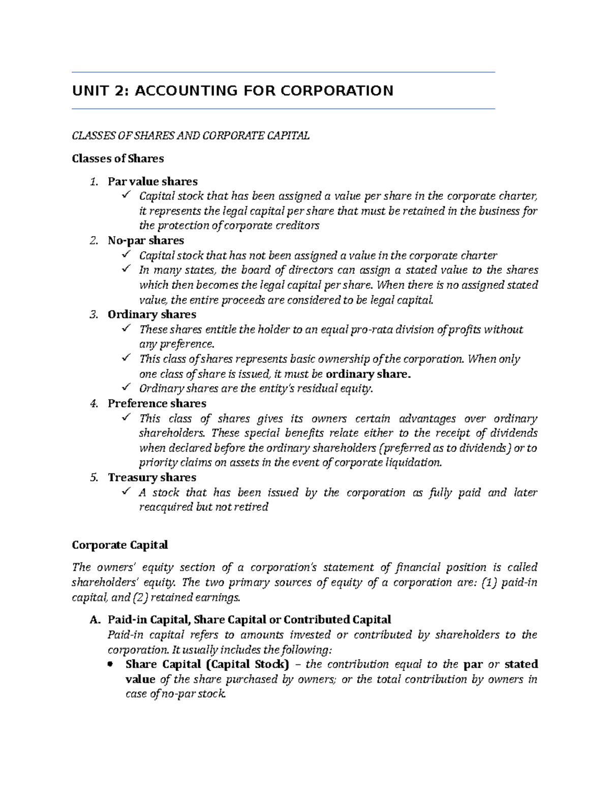 Classes of Share and Corporate Capital - UNIT 2: ACCOUNTING FOR ...