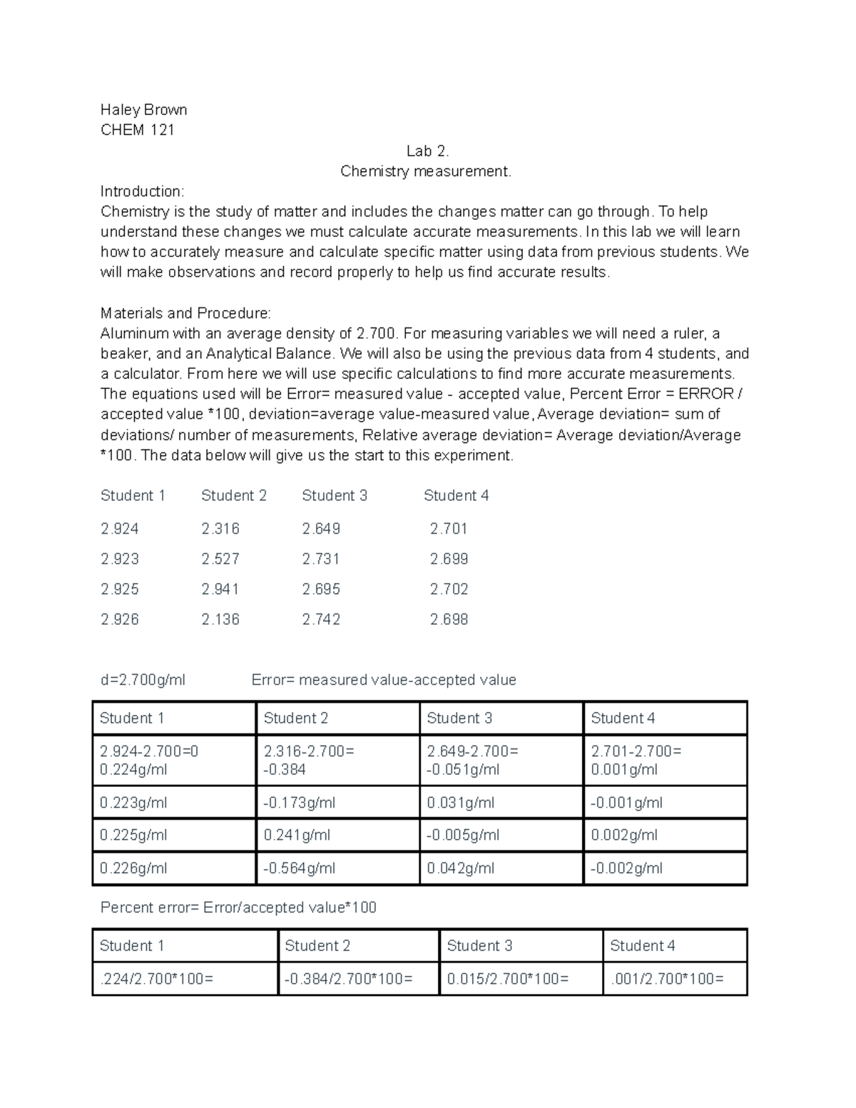 CHEM Laboratory 2, chemistry measurements. How to calculate ...