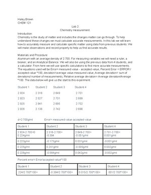 CHEM Laboratory 2, chemistry measurements. How to calculate ...