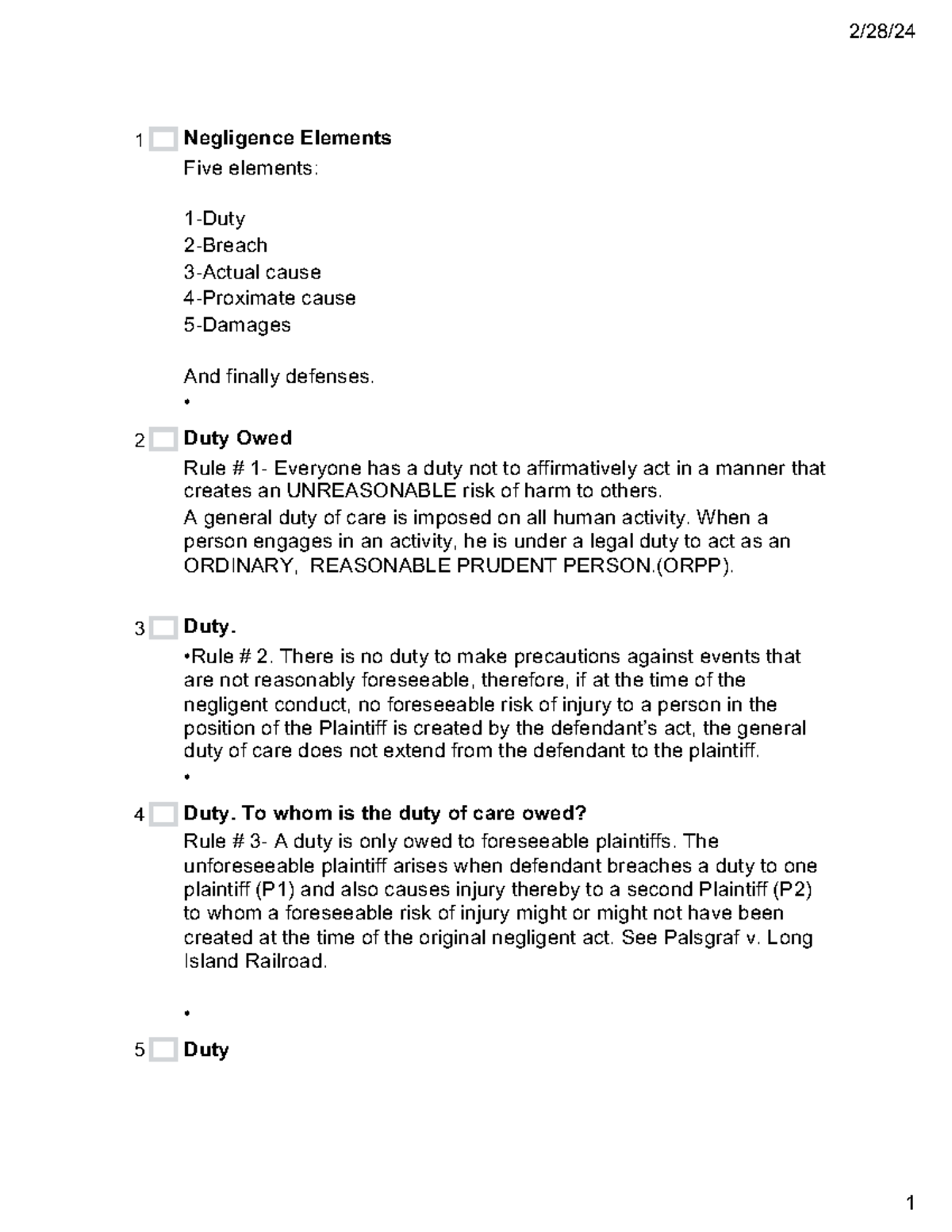 Torts ppt outline 1 - 2/28/ 1 Negligence Elements Five elements: 1 ...