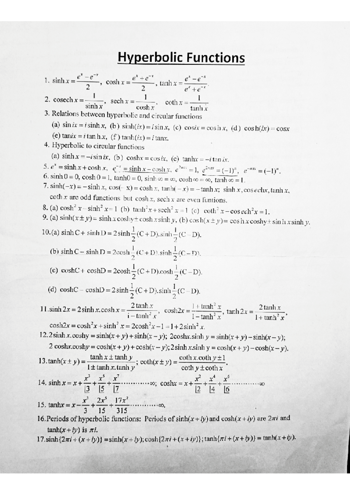 Hyperbolic function formula - Bachelor of Science - Studocu