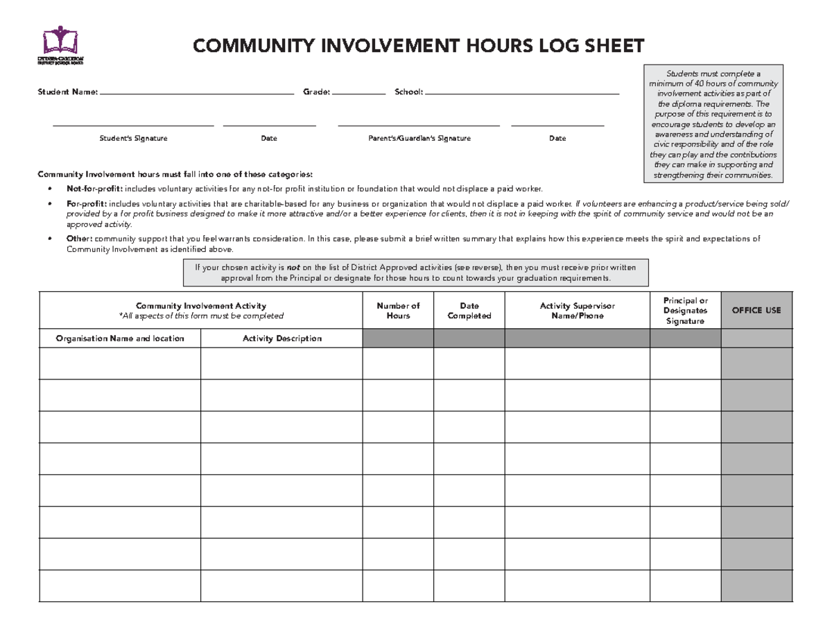 Ocdsb 958 - Community Involvement Form - COMMUNITY INVOLVEMENT HOURS ...
