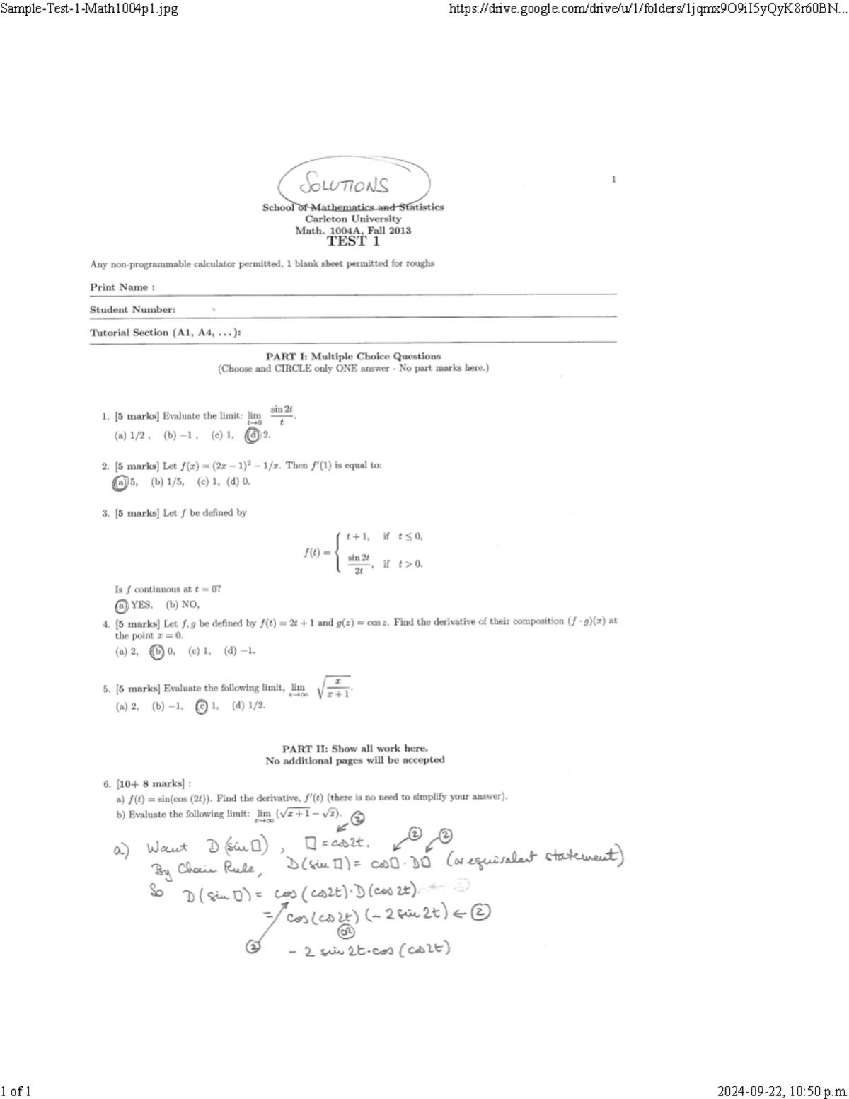 Sample Test 1 Math1004p1 - (SOLUTIONS 1 School of Mathematics and ...