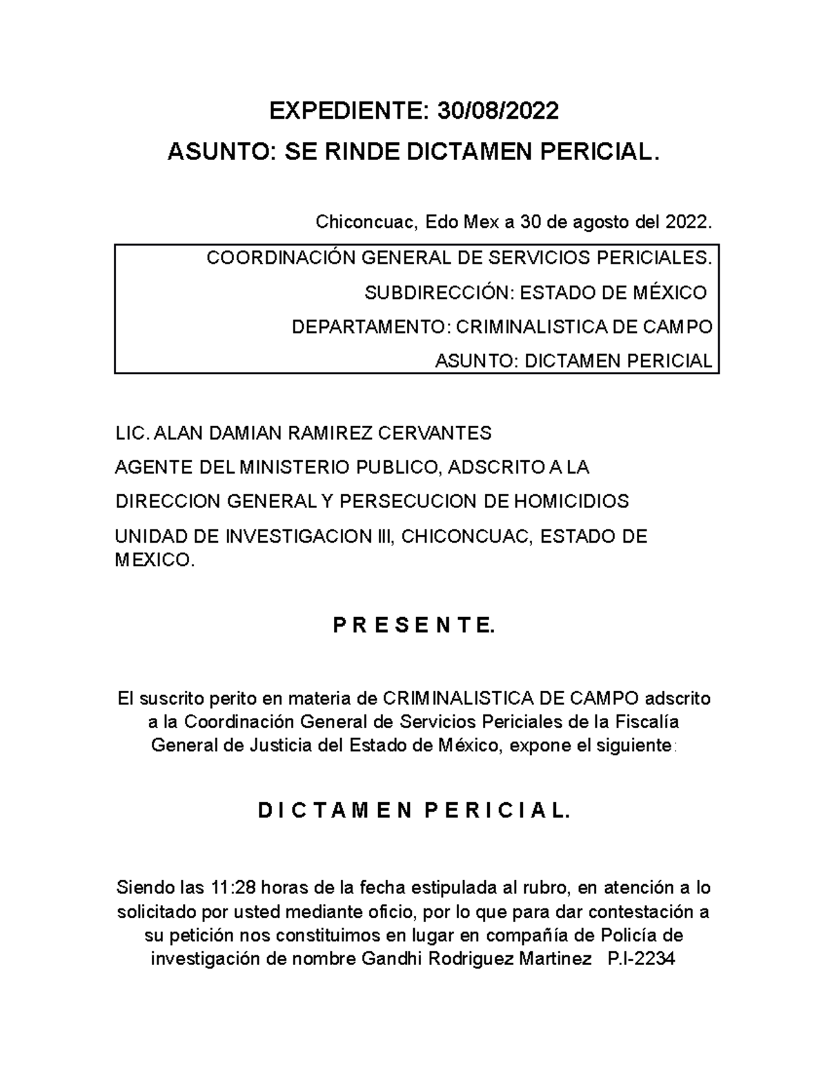Dictamen pericial Alan - EXPEDIENTE: 30/08/ ASUNTO: SE RINDE DICTAMEN ...