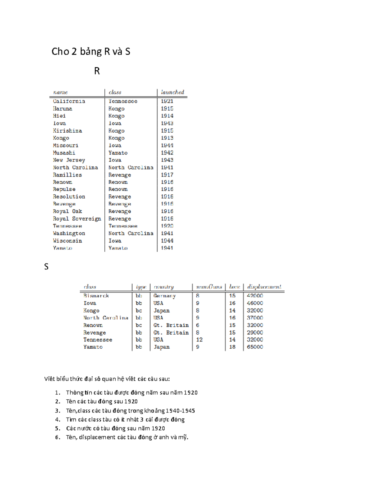 Exercise 2 - á as as asas ass as - Basic Knowledge - Cho 2 b ng R và Sả R S Viếết bi u th c đ i ...