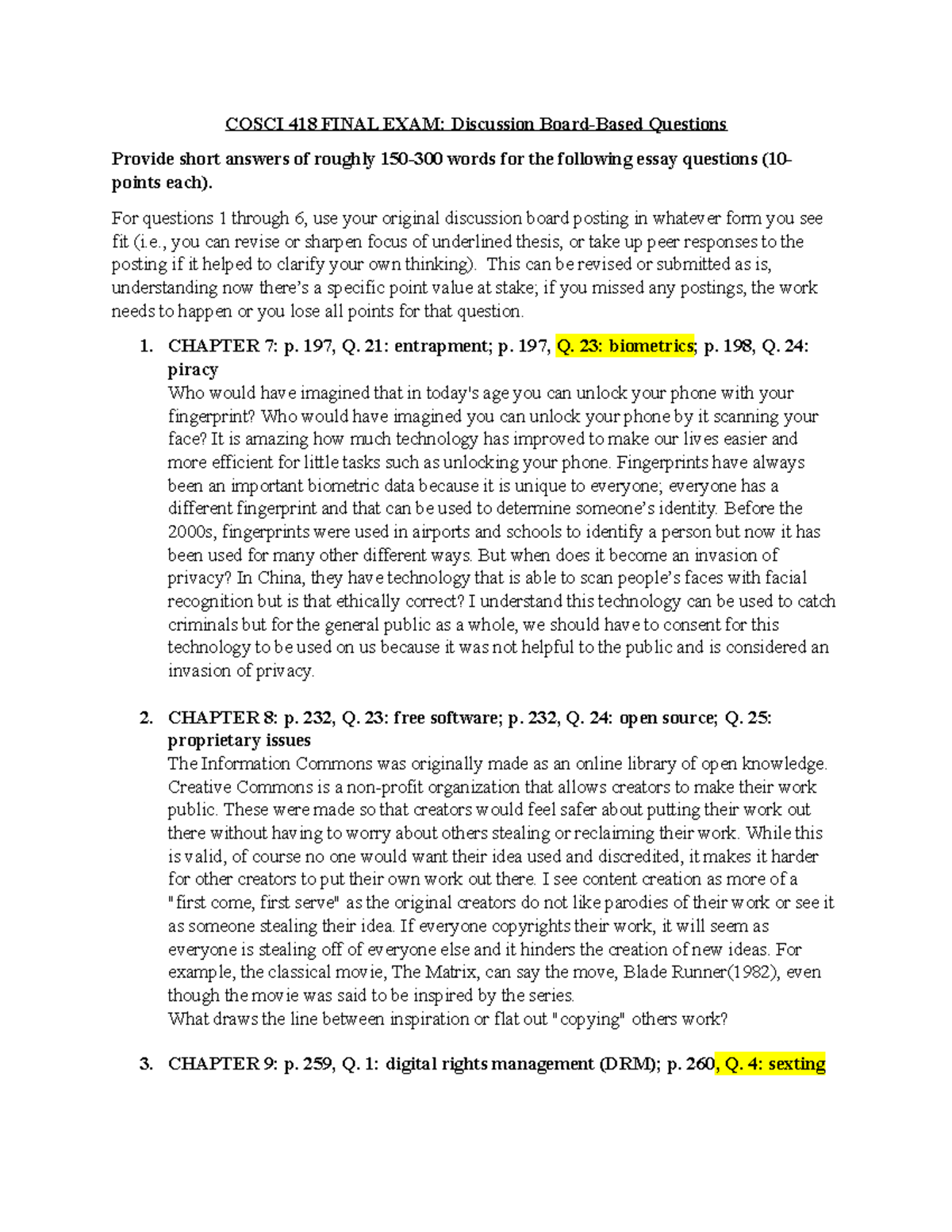 Co Sci 418 Final EXAM Short Answer Essays - COSCI 418 FINAL EXAM ...