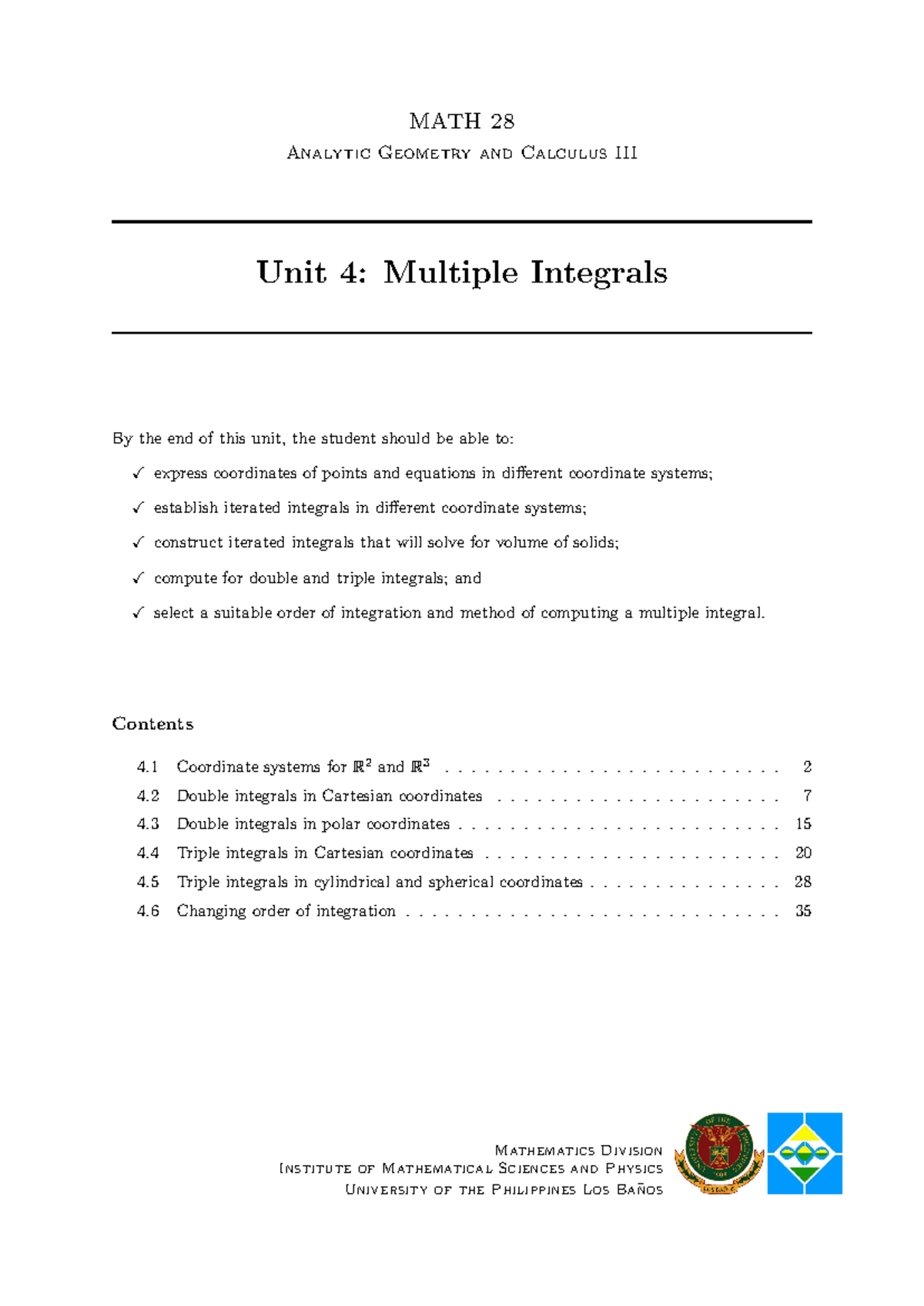 Unit 4 Module (Multiple Integrals) - MATH 28 Analytic Geometry and Calculus III Unit 4: Multiple ...