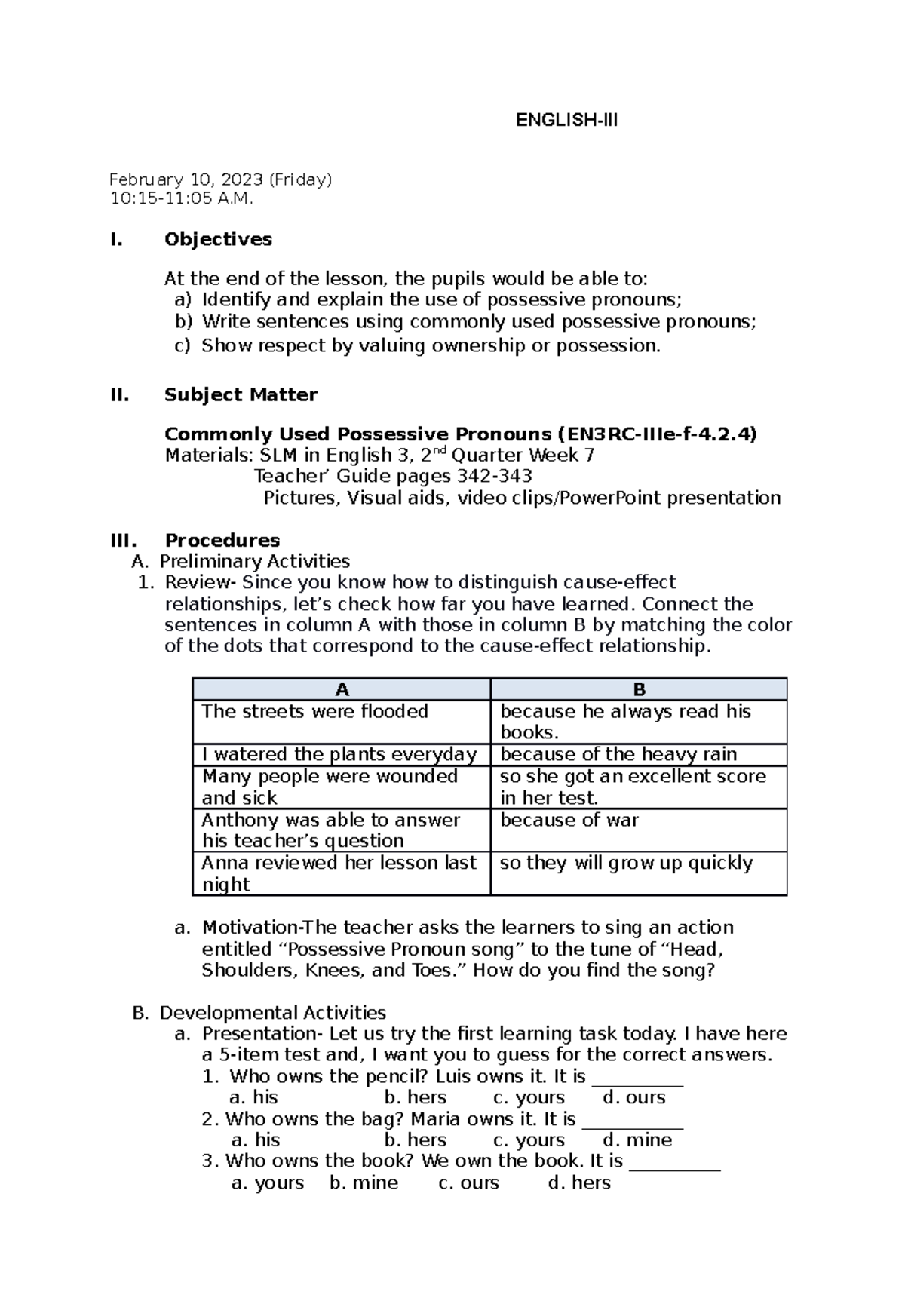 Lesson Plan in English 3, Quarter -2 Week 7 - ENGLISH-III February 10 ...