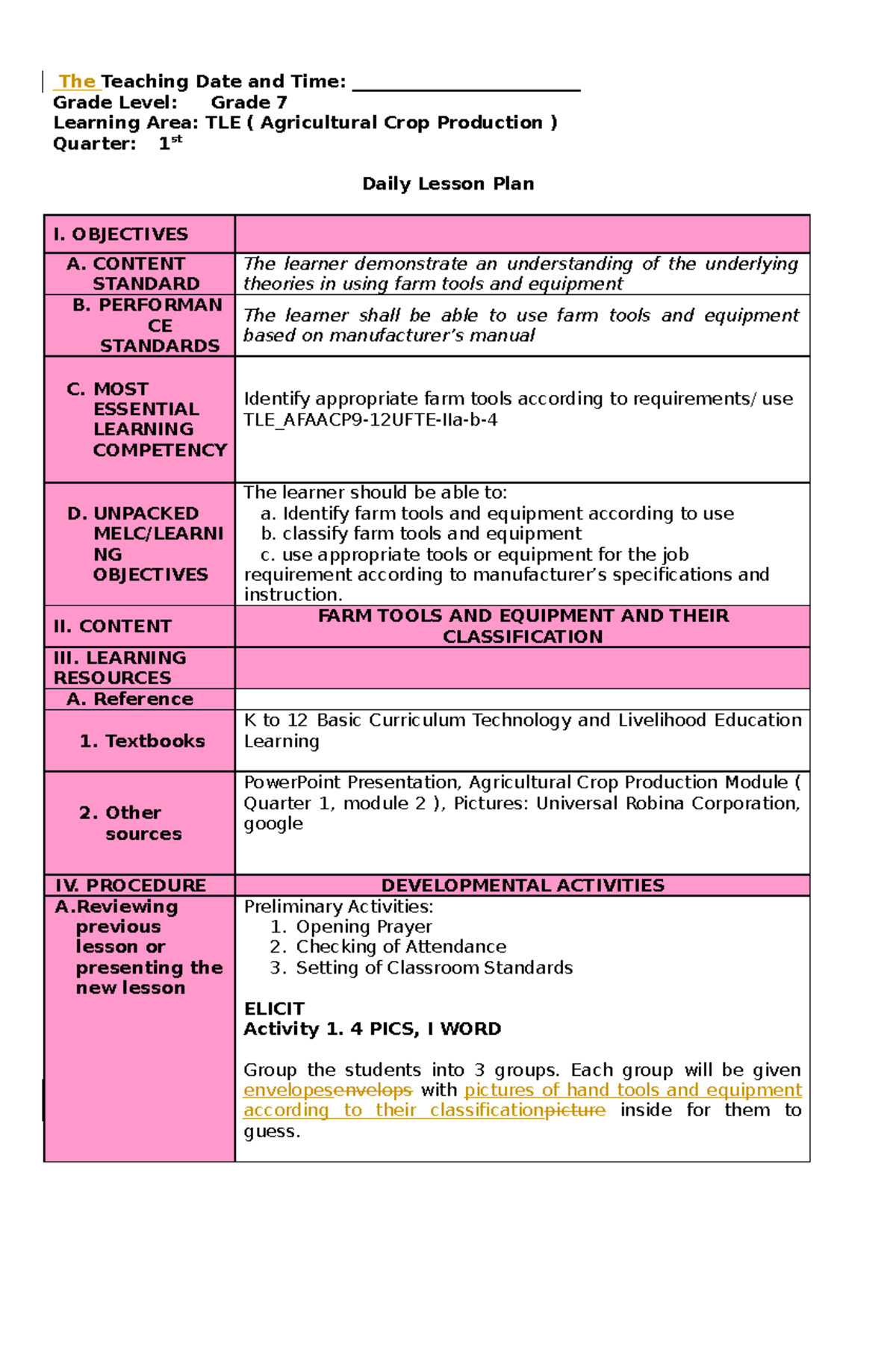 G-10-11 AGRI CROP Production - The Teaching Date and Time ...