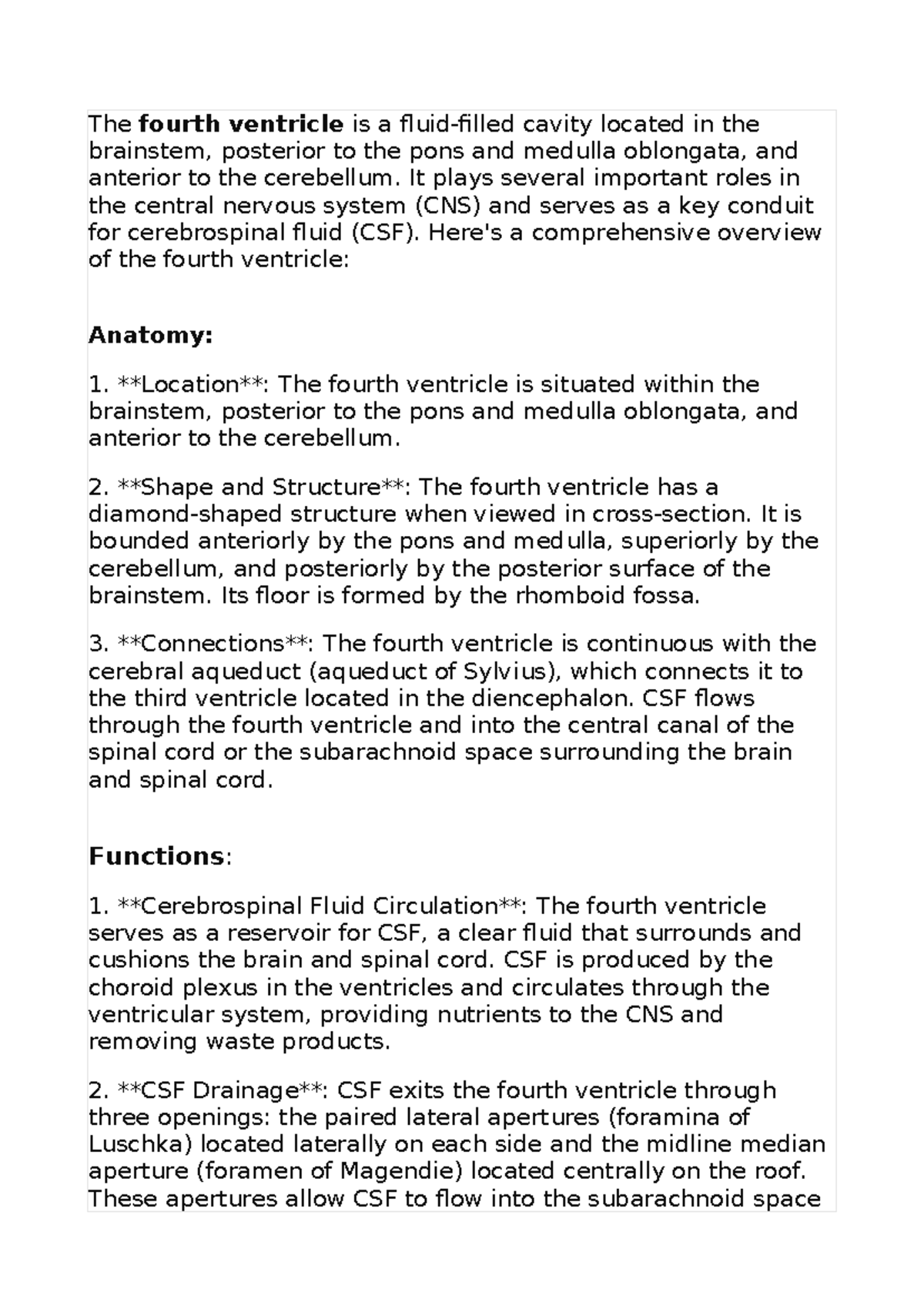 Neuroanatomy da 130 - practical sinopsy - The fourth ventricle is a ...