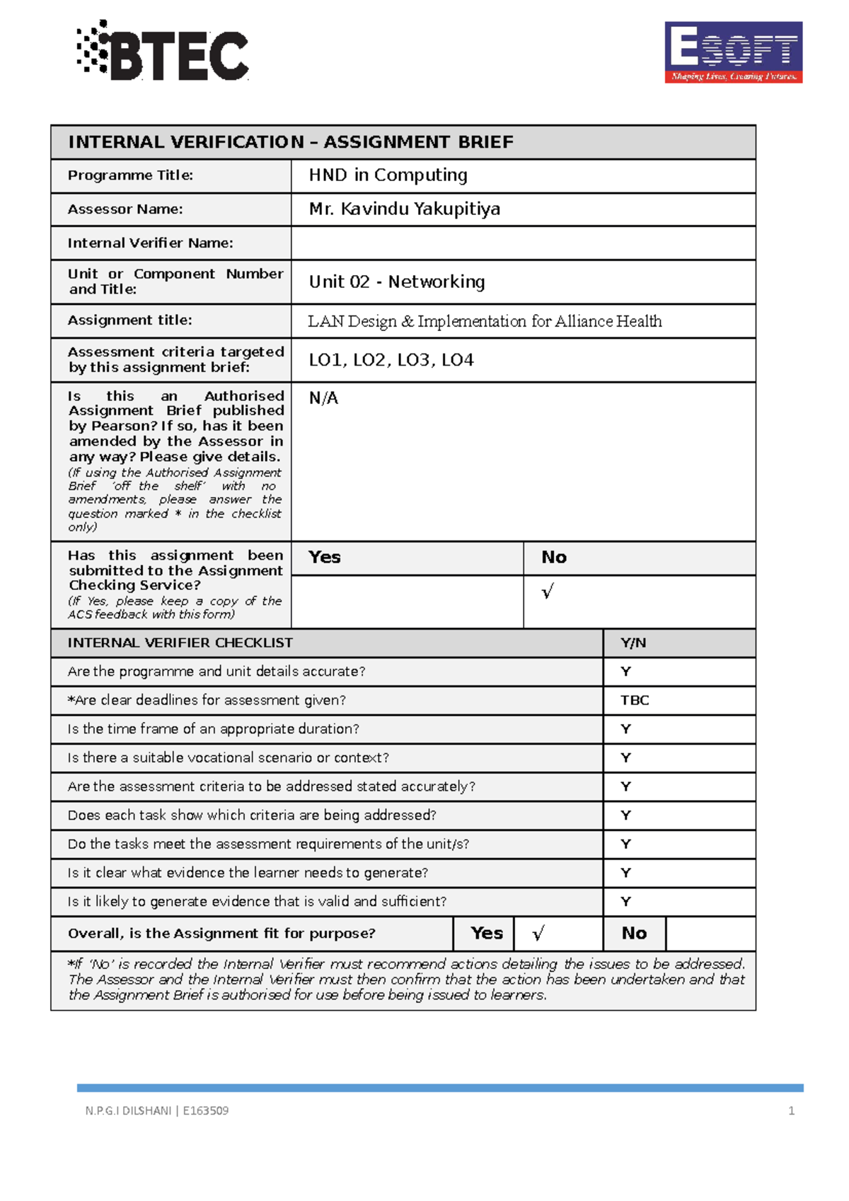 Unit 02 Networking Assign Internal Verification Assignment Brief Programme Title Hnd In