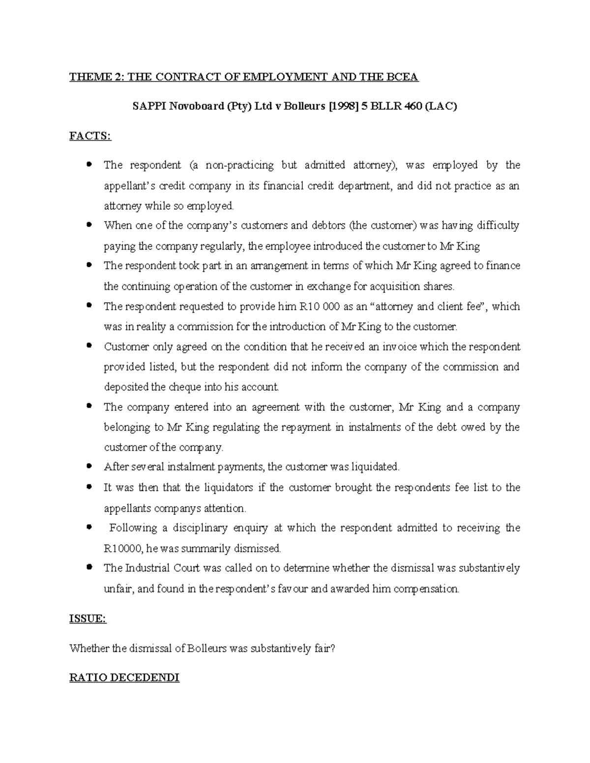 LAB 321 Cases Theme 2 - Summary Labour Law - THEME 2: THE CONTRACT OF ...