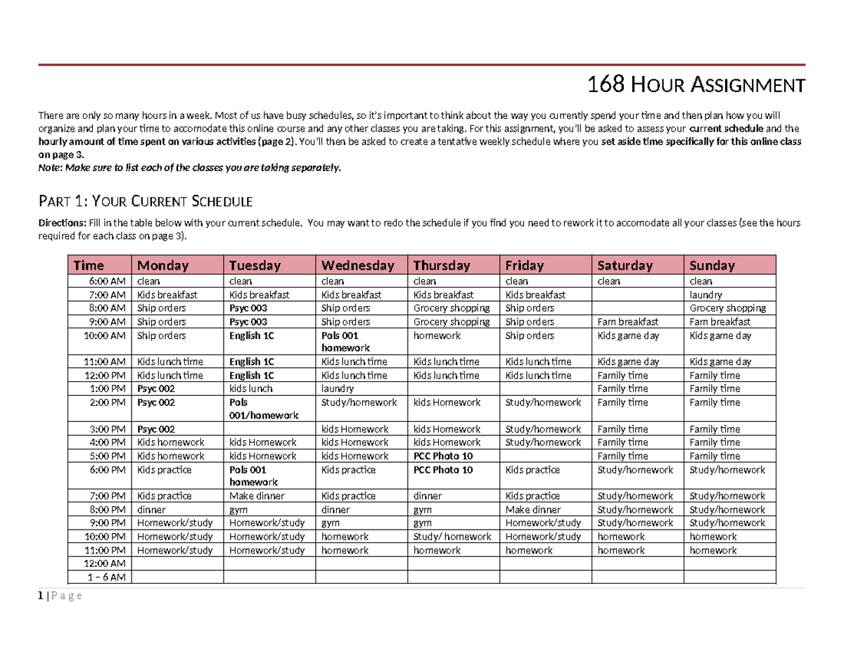 168 Hour Assignment - 168 HOUR ASSIGNMENT There are only so many hours ...