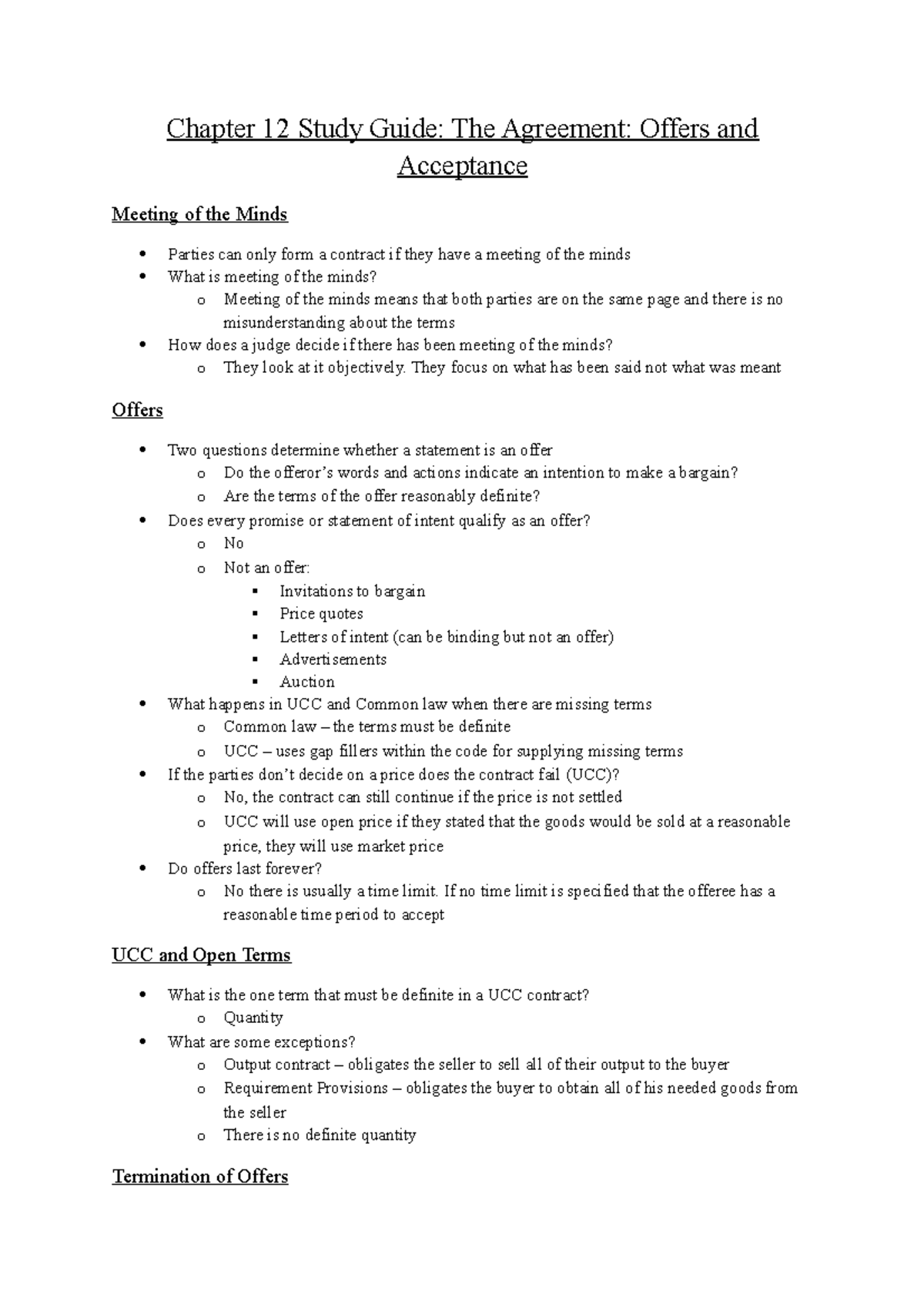 Chapter 12 Study Guide - Chapter 12 Study Guide: The Agreement: Offers ...