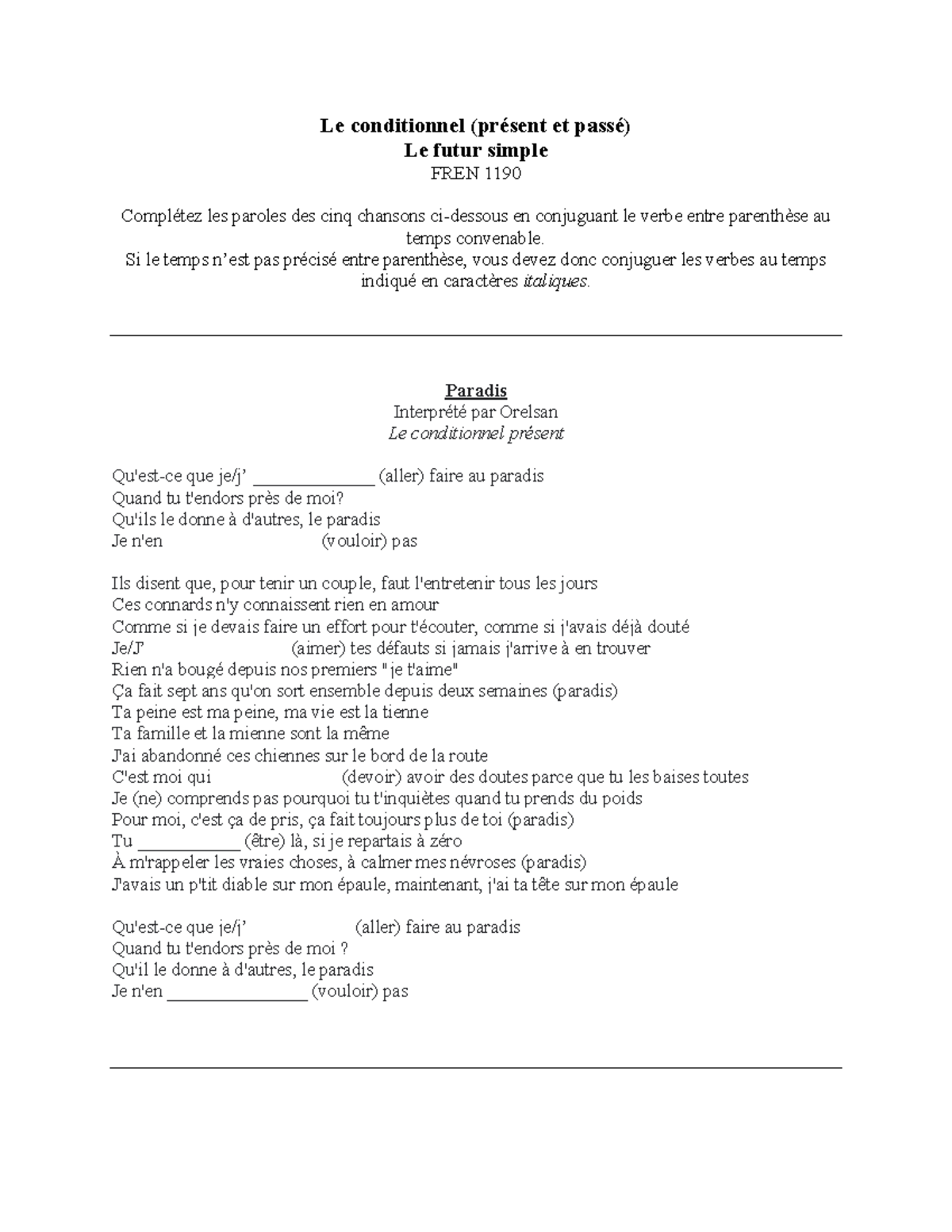 Le conditionnel en chanson - Le conditionnel (présent et passé) Le ...