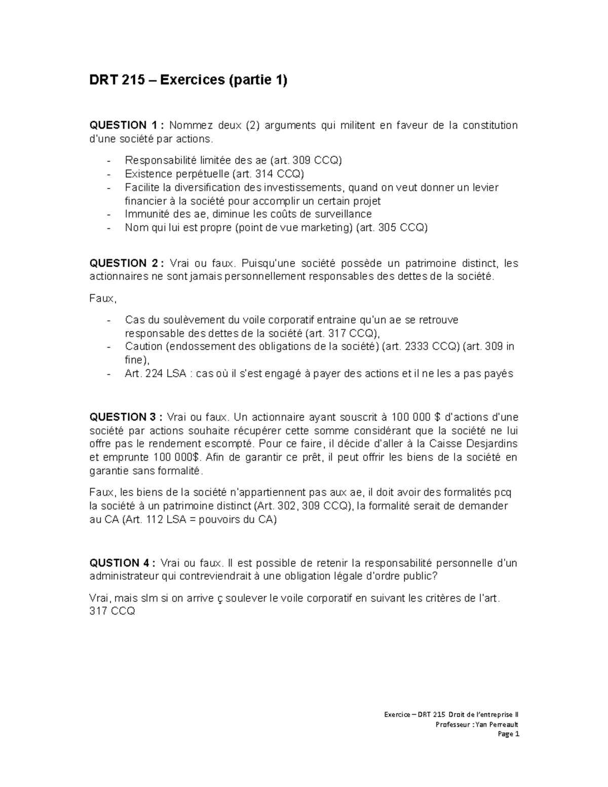 Exercices (partie 1) - Pour le cours de Yan Perreault - DRT 215 ...