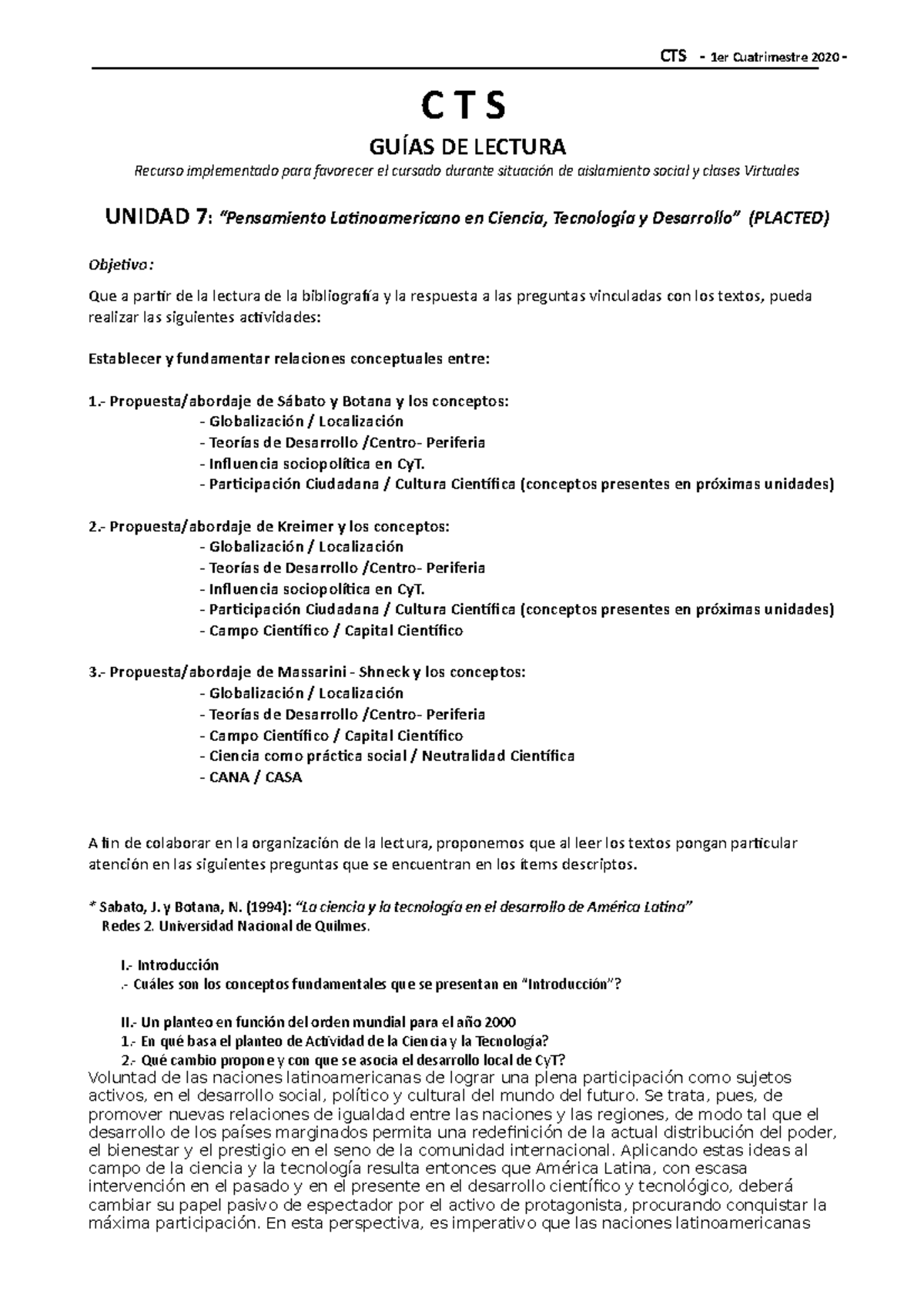 CTS Guía Lec U 7 rev - C T S GUÍAS DE LECTURA Recurso implementado para favorecer el cursado ...