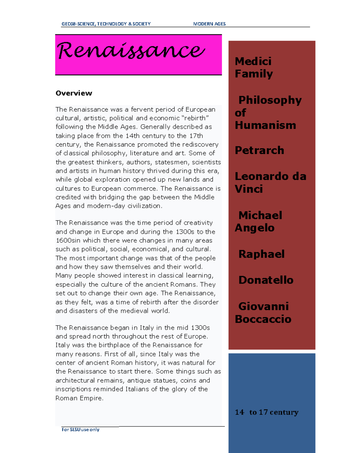 GEC-08.1-renaissance.docx - Renaissance Overview The Renaissance was a fervent period of ...