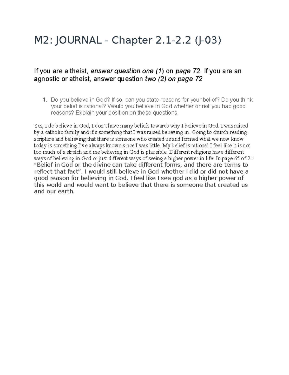 M2 journal - M2: JOURNAL - Chapter 2.1-2 (J-03) If you are a theist ...