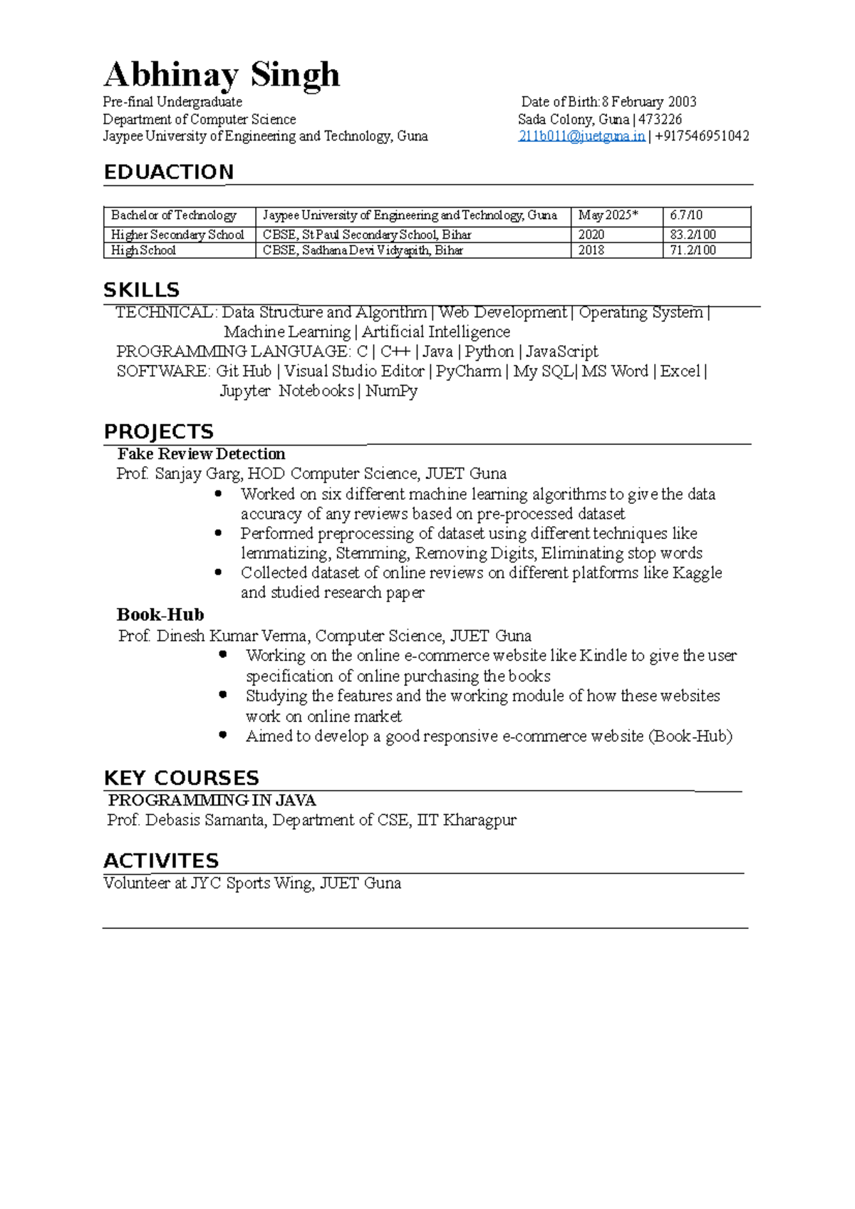 Doc1 - logical reasoning - Abhinay Singh Pre-final Undergraduate Date of Birth:8 February 2003 ...