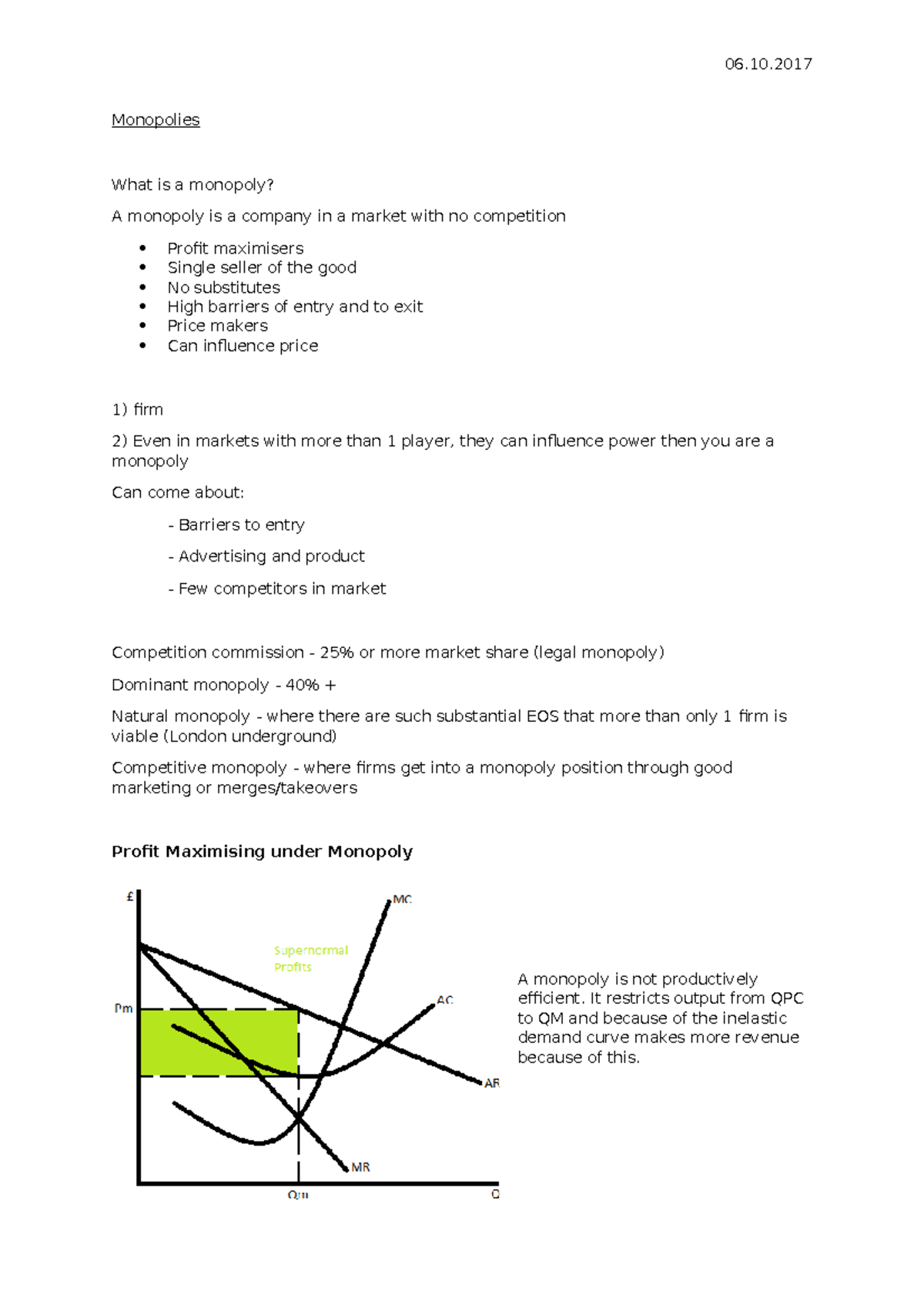 E 6 - Lesson notes for macroeconomics - 06. Monopolies What is a ...