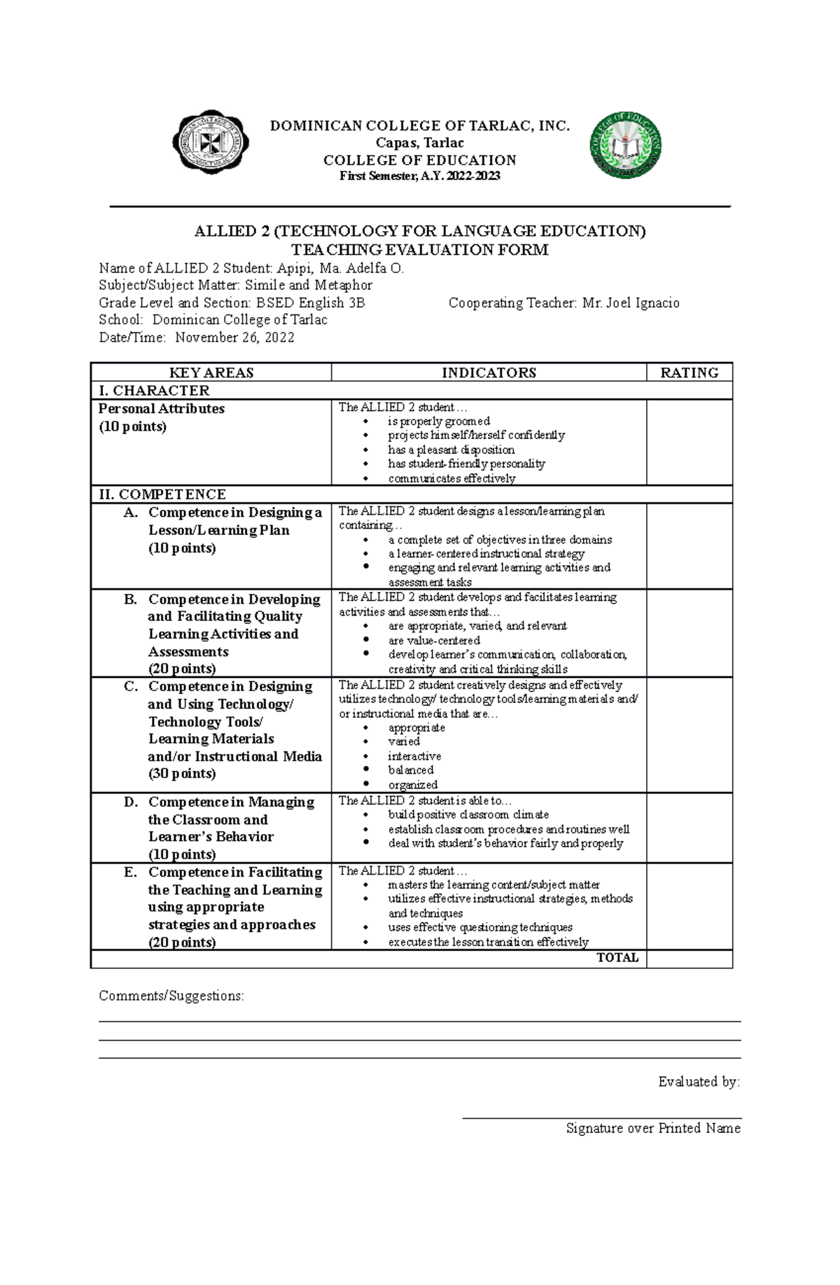 Allied 2 DEMO Teaching Evaluation FORM - DOMINICAN COLLEGE OF TARLAC ...