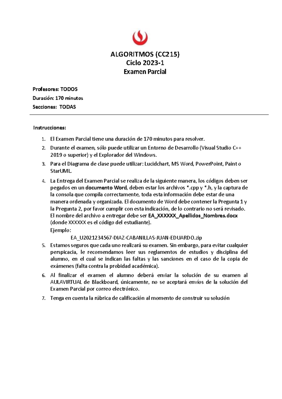 Enunciado Examen Parcial 2023-1 - ALGORITMOS (CC215) Ciclo 2023- 1 ...